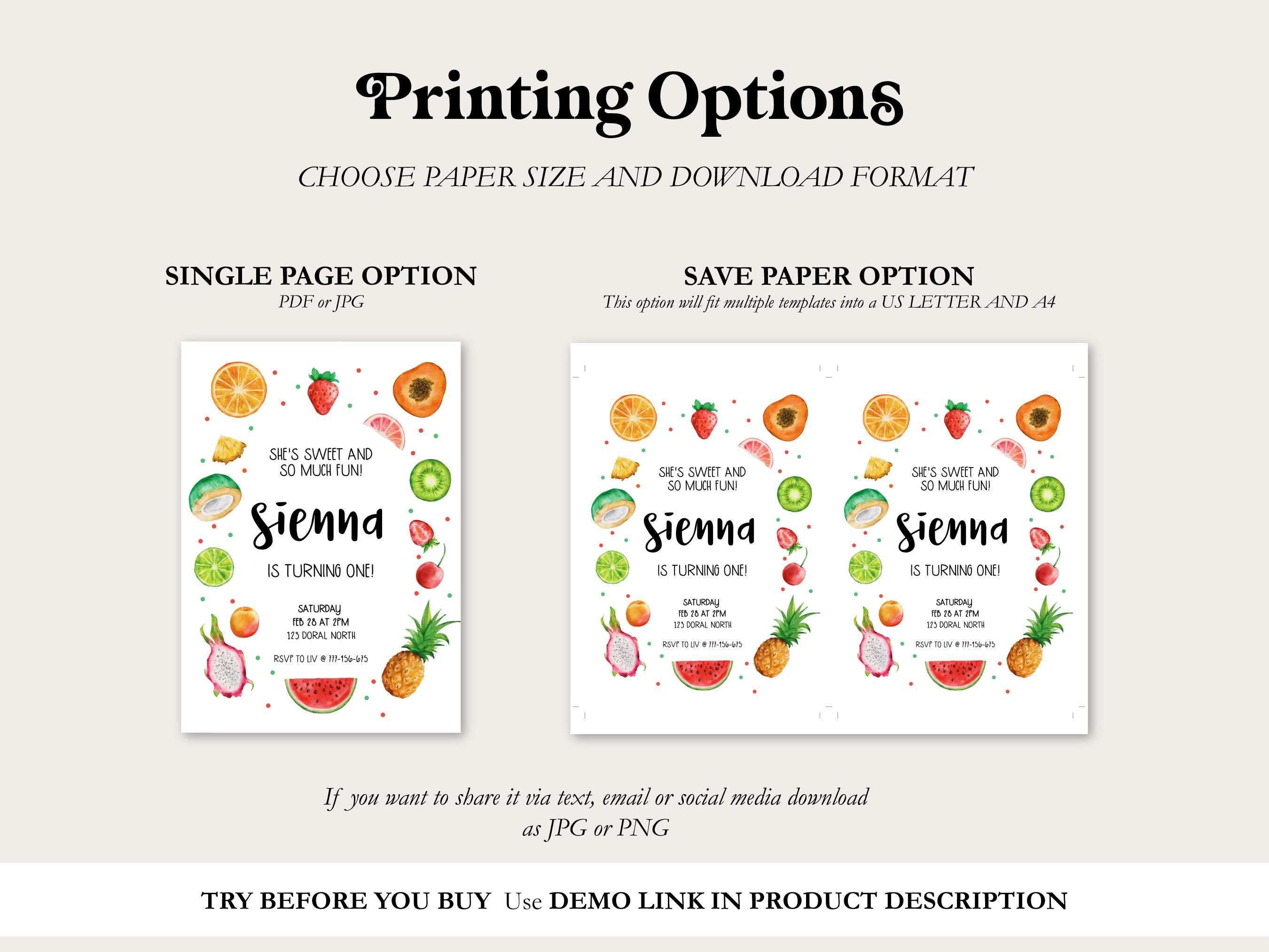 Fruit Birthday Invitation, Tropical Summer Party, Modern Fruit Invite ...