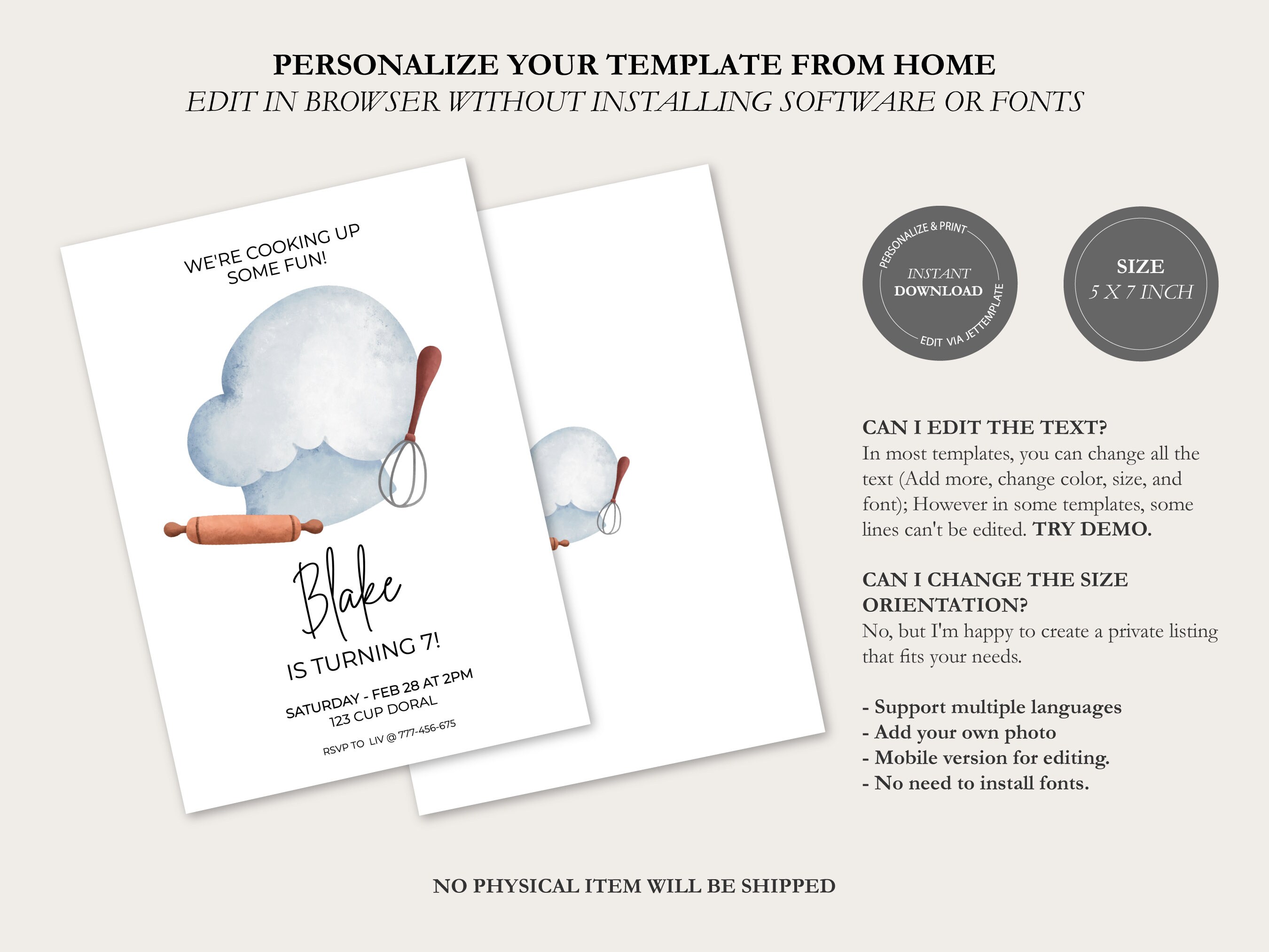 Chef Hat Birthday Party Invitation, Cooking Party Birthday, Baking ...