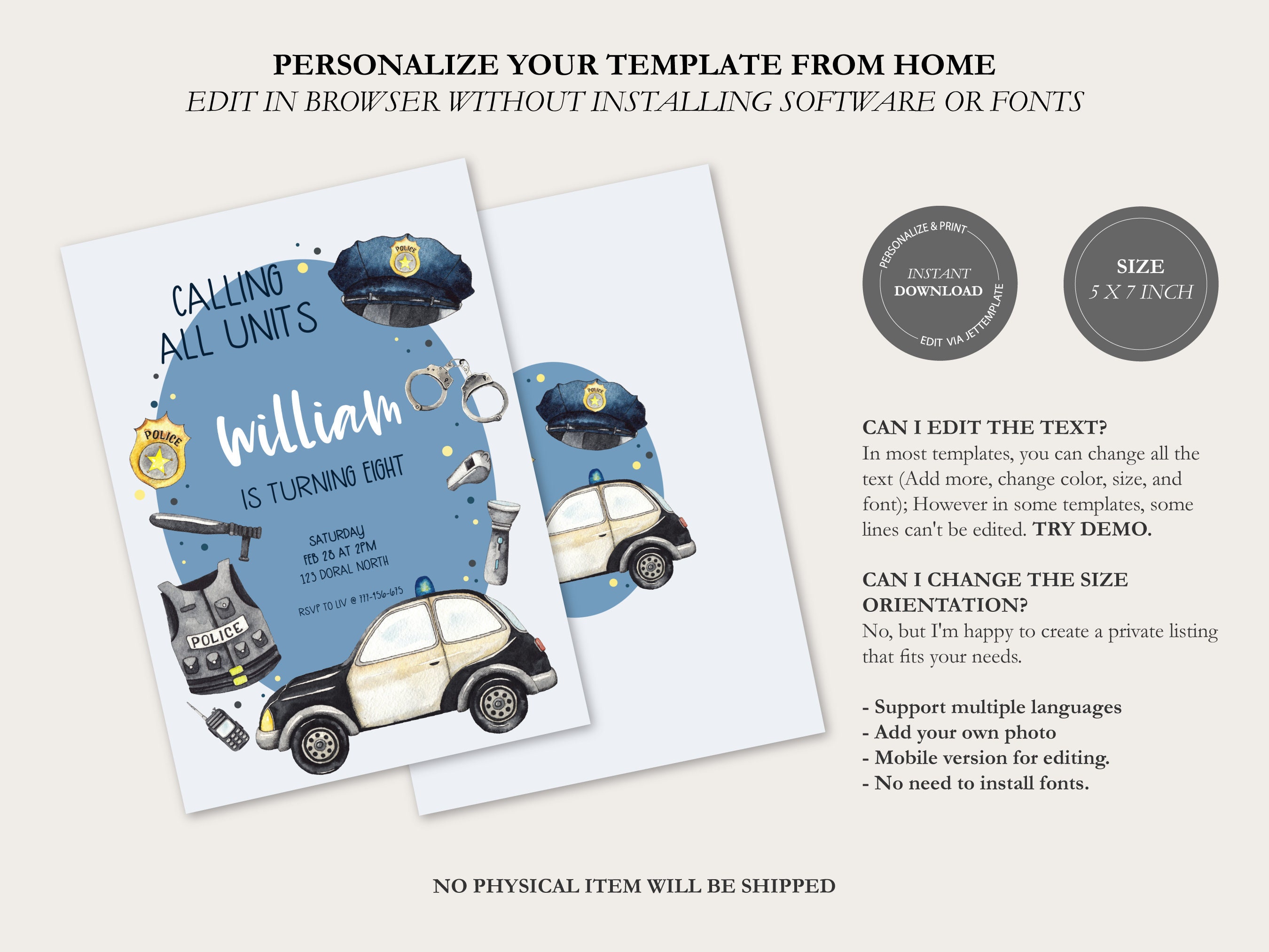 Police Birthday Party Invitation, Cop Birthday Invite, Policeman Party ...