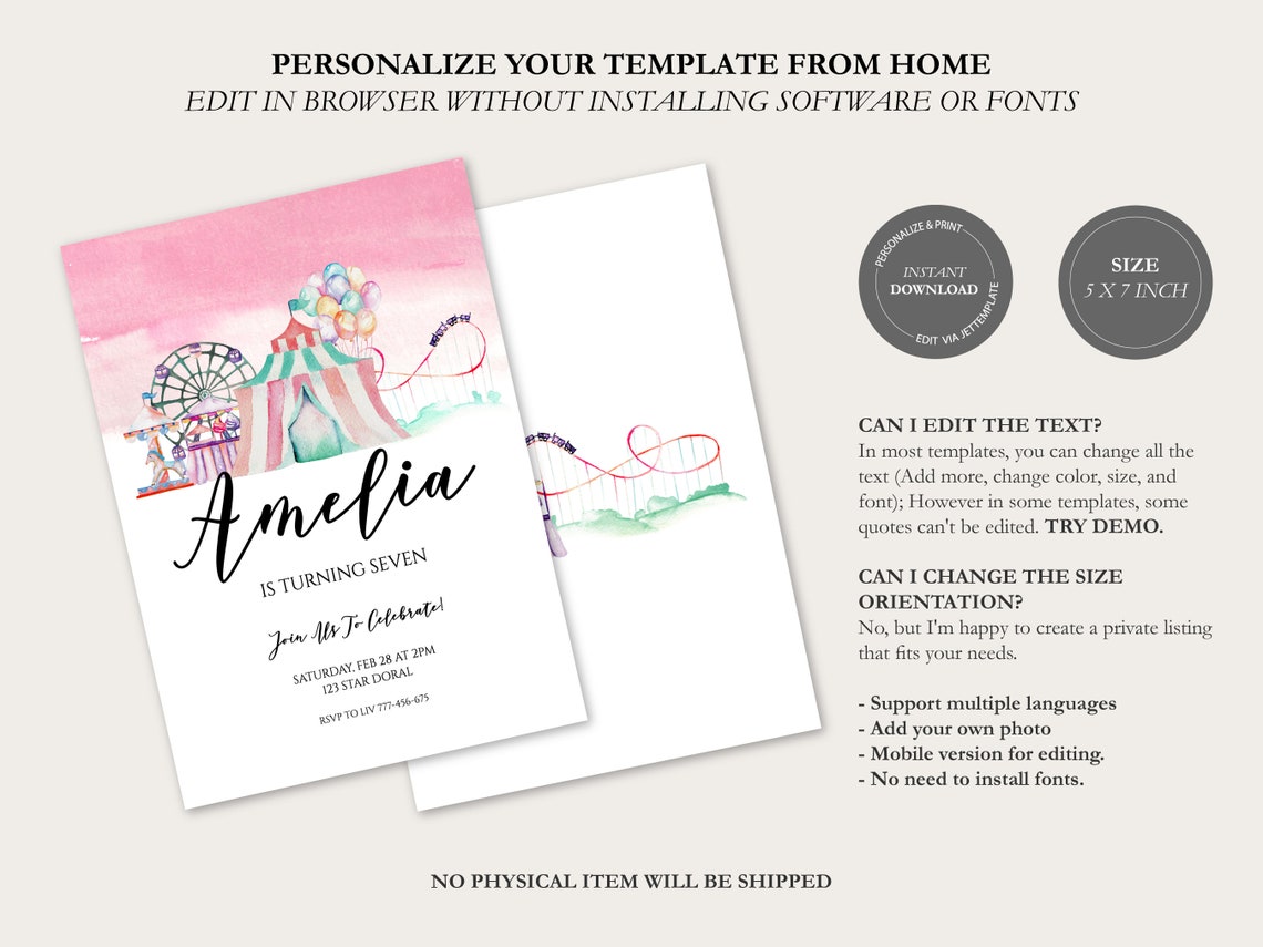 Girl Amusement Park Birthday Invitation, Theme Park Birthday Party ...