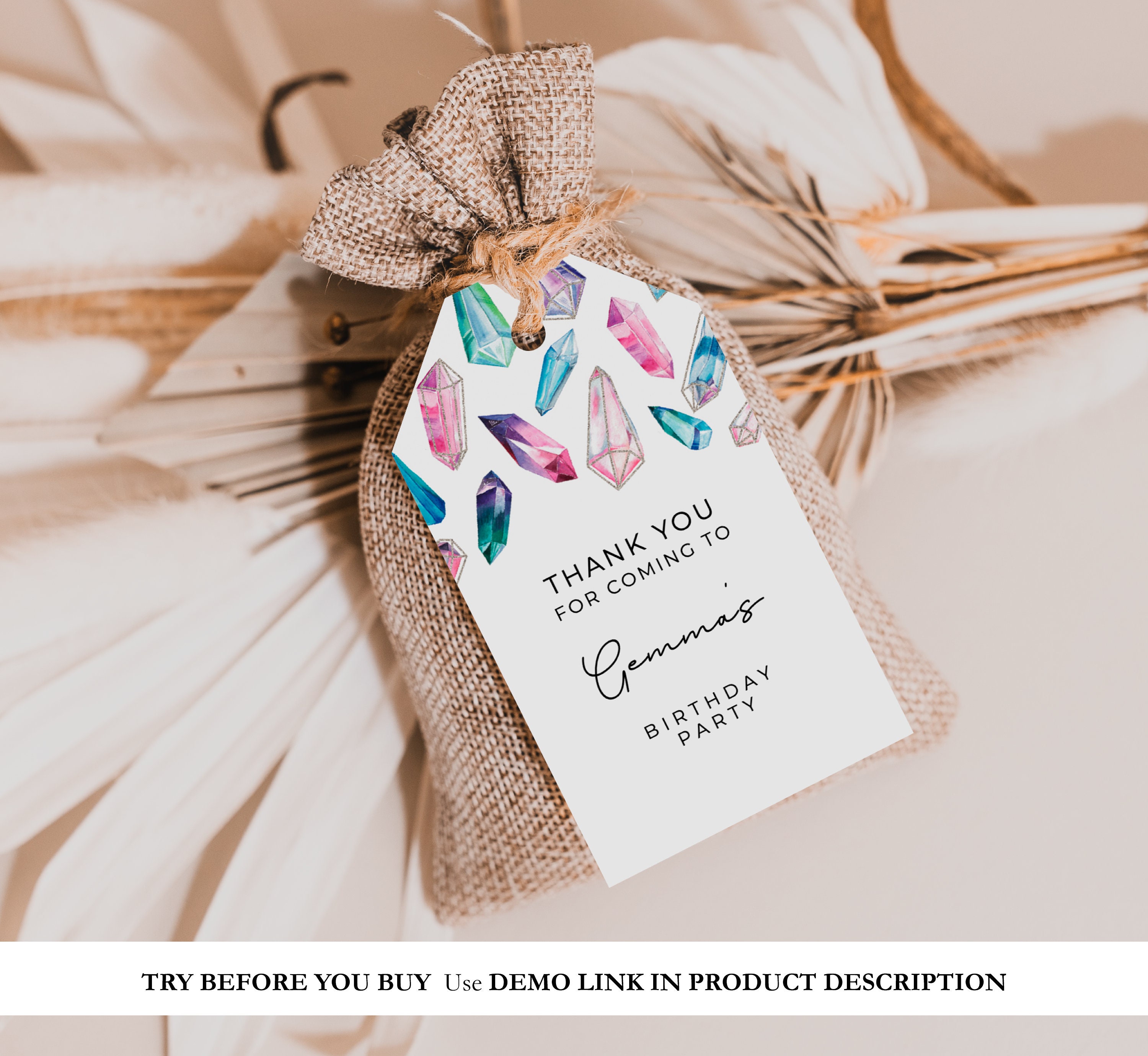 Gems Birthday Thank You Tags, Crystal Party Favor Tags, Gemstones Decor ...