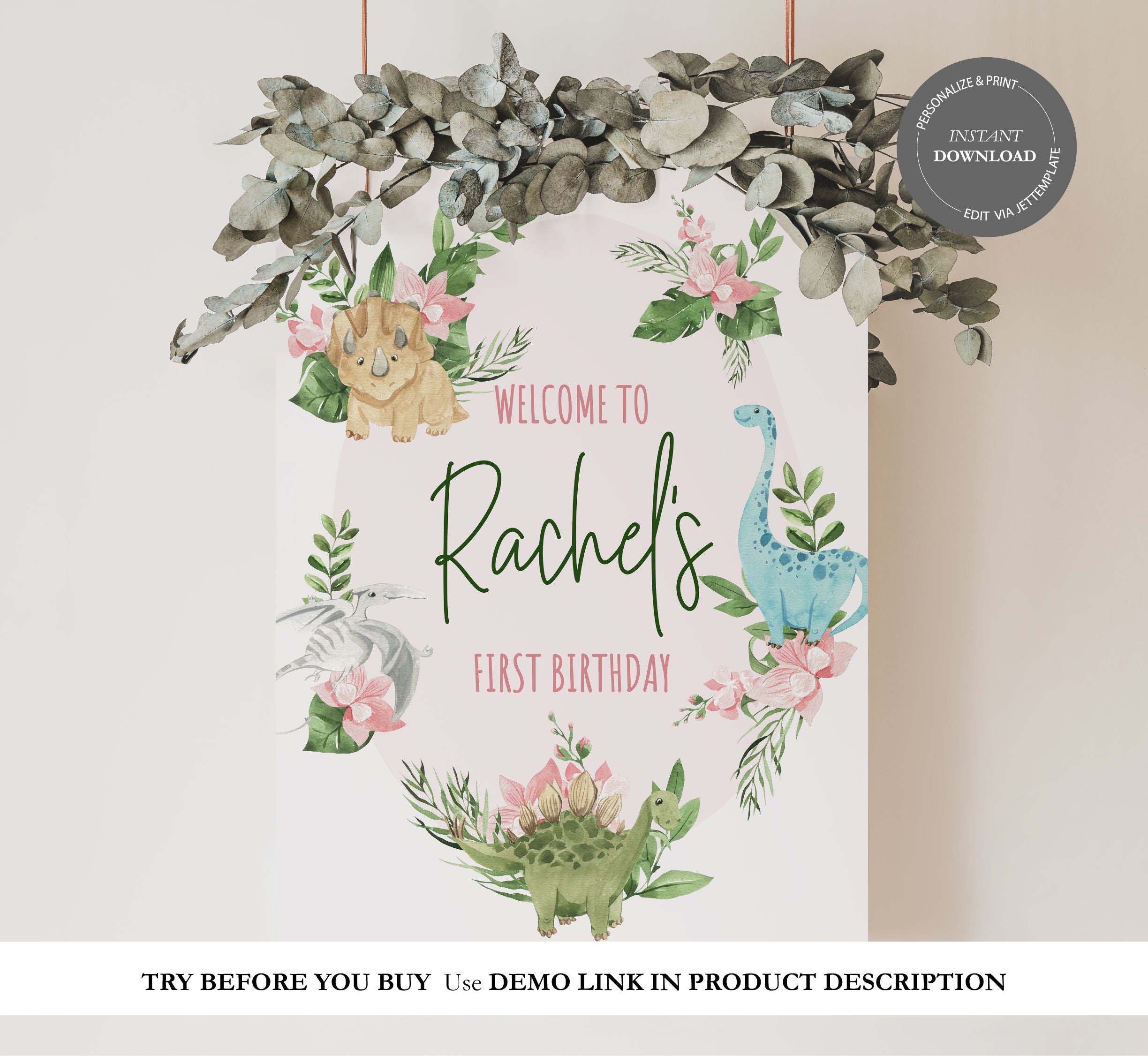 Girl Dinosaur Birthday Welcome Sign, Dinosaur Party Sign, Pink Dinosaur ...