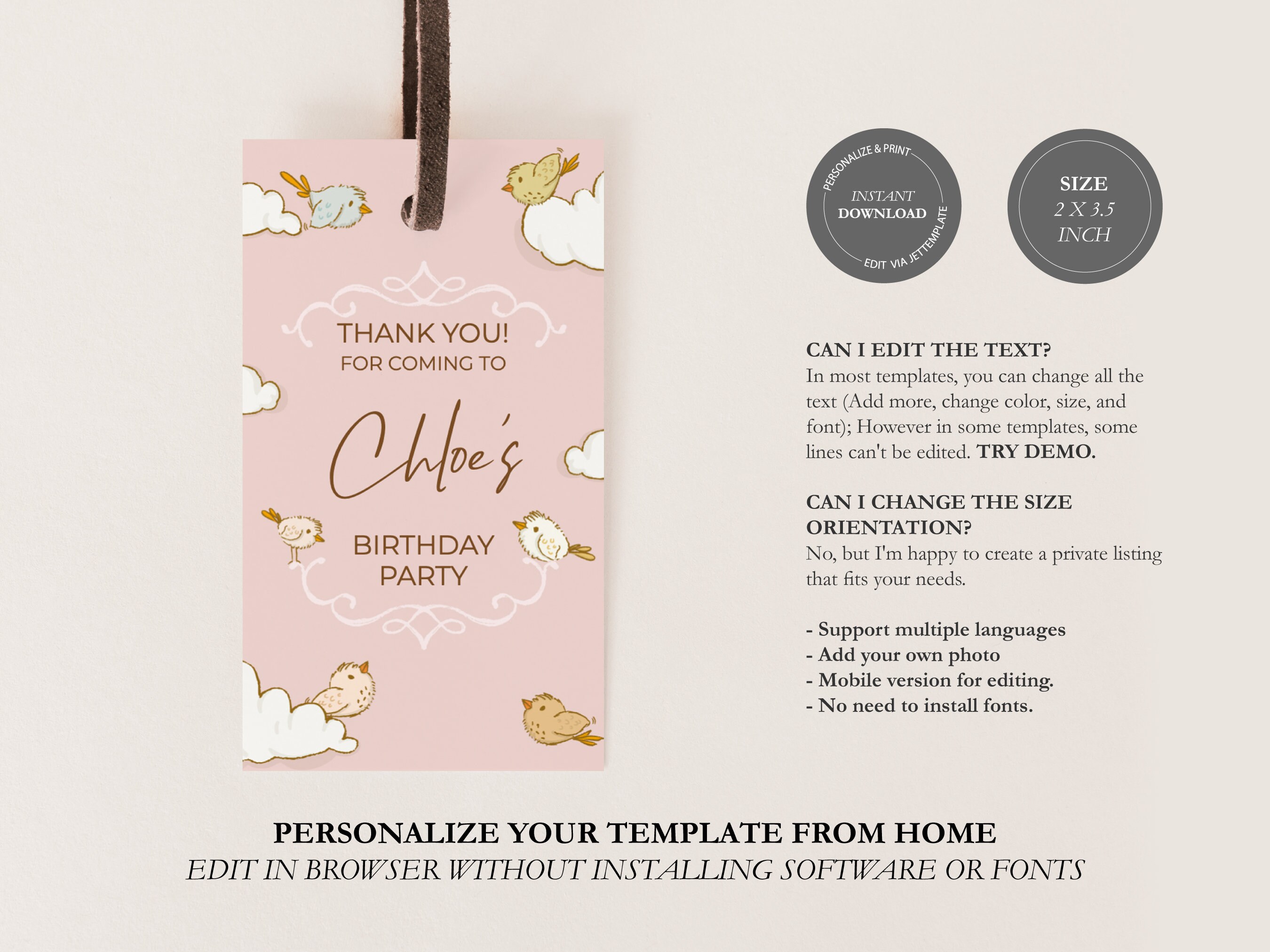 Pink Birds Birthday Thank You Tags, Birds Party Favor Tags, Birds Theme ...