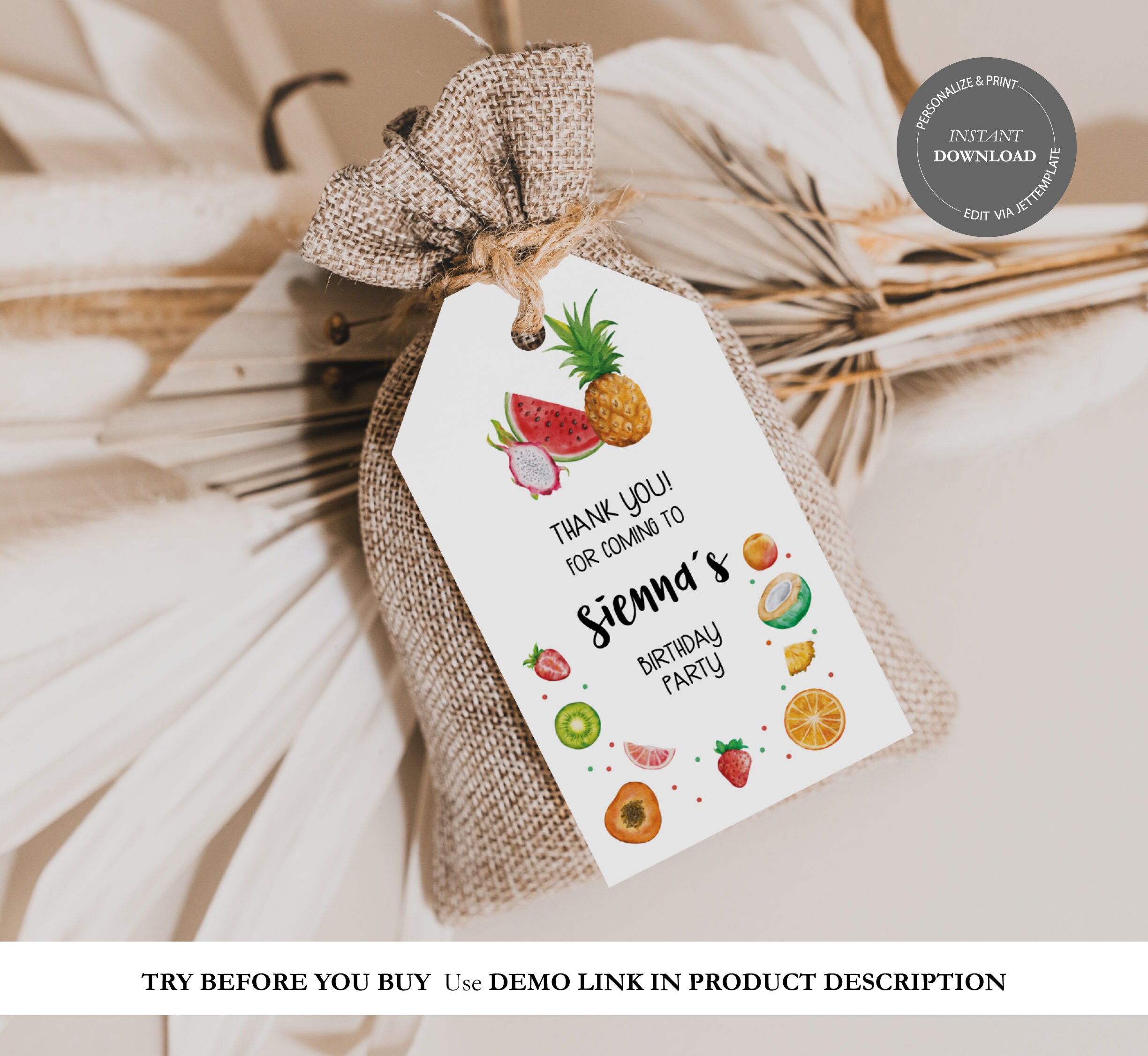 Fruit Birthday Thank You Tags, Fruit Party Favor Tags, Tropical Summer ...