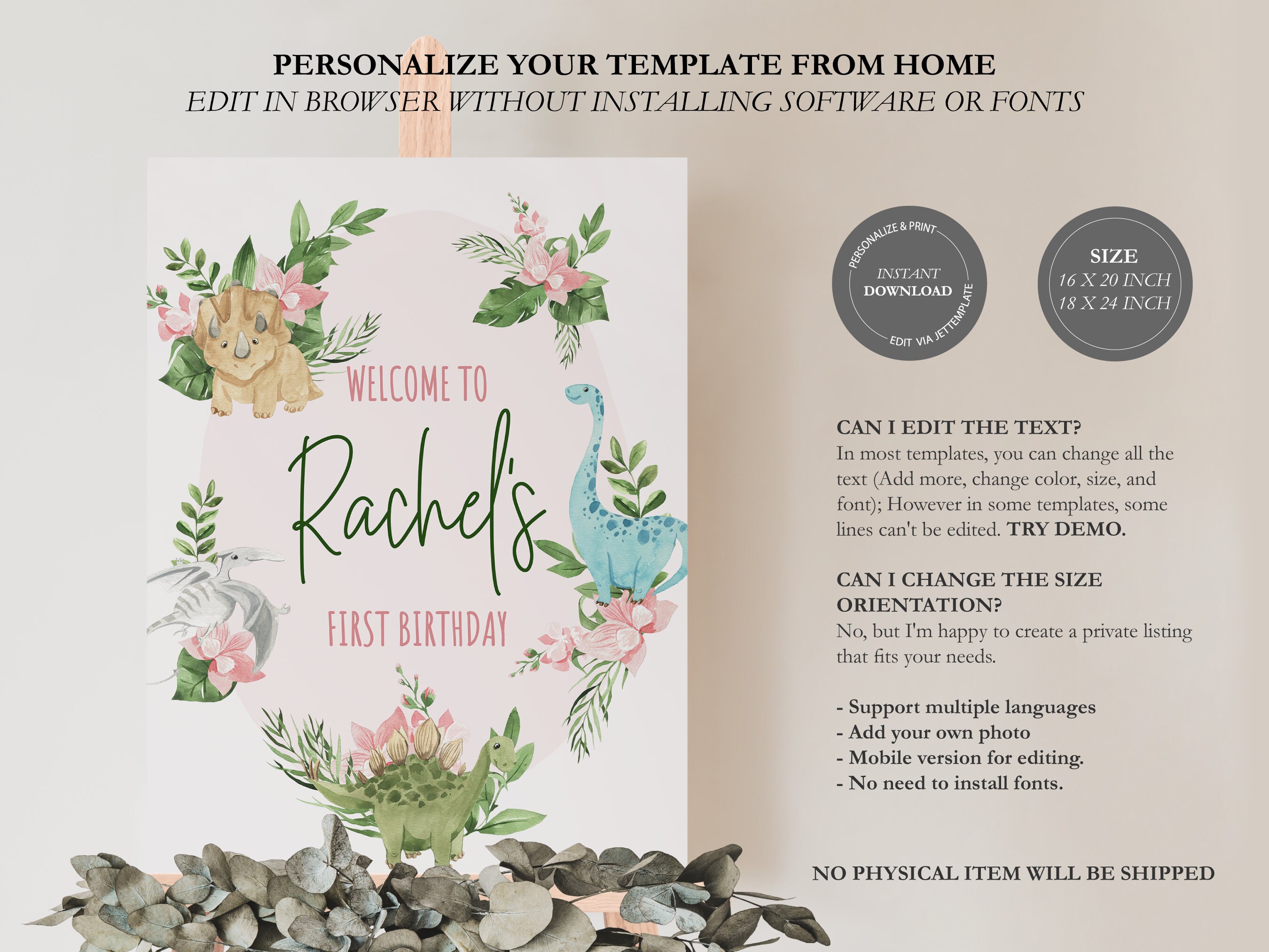 Girl Dinosaur Birthday Welcome Sign, Dinosaur Party Sign, Pink Dinosaur ...