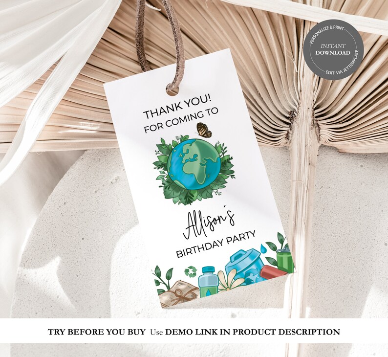 Earth Day Birthday Thank You Tags, Earth Day Party Favor Tags, Earth ...