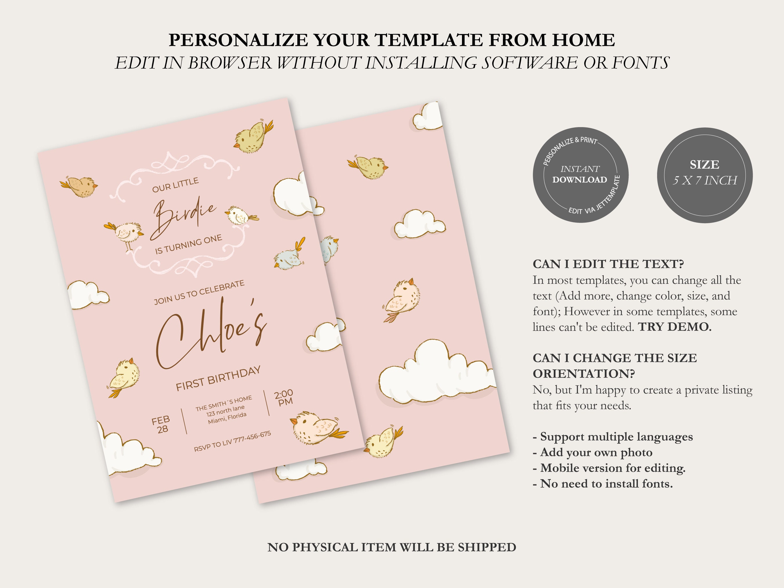 Birds Birthday Invitation Birds Theme Party Pink Bird - Etsy