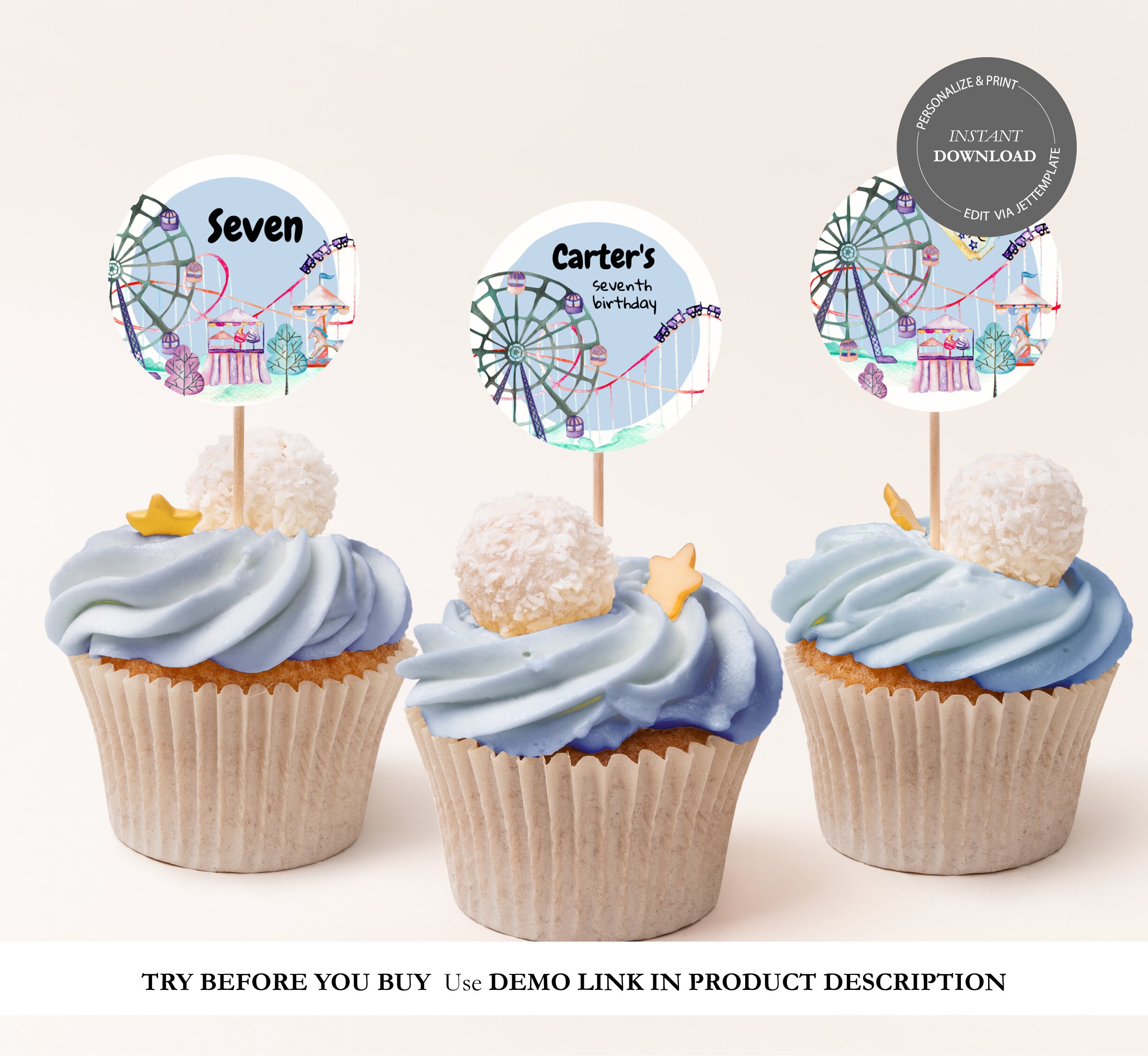 Amusement Park Birthday Cupcake Toppers, Boy Theme Park Party ...