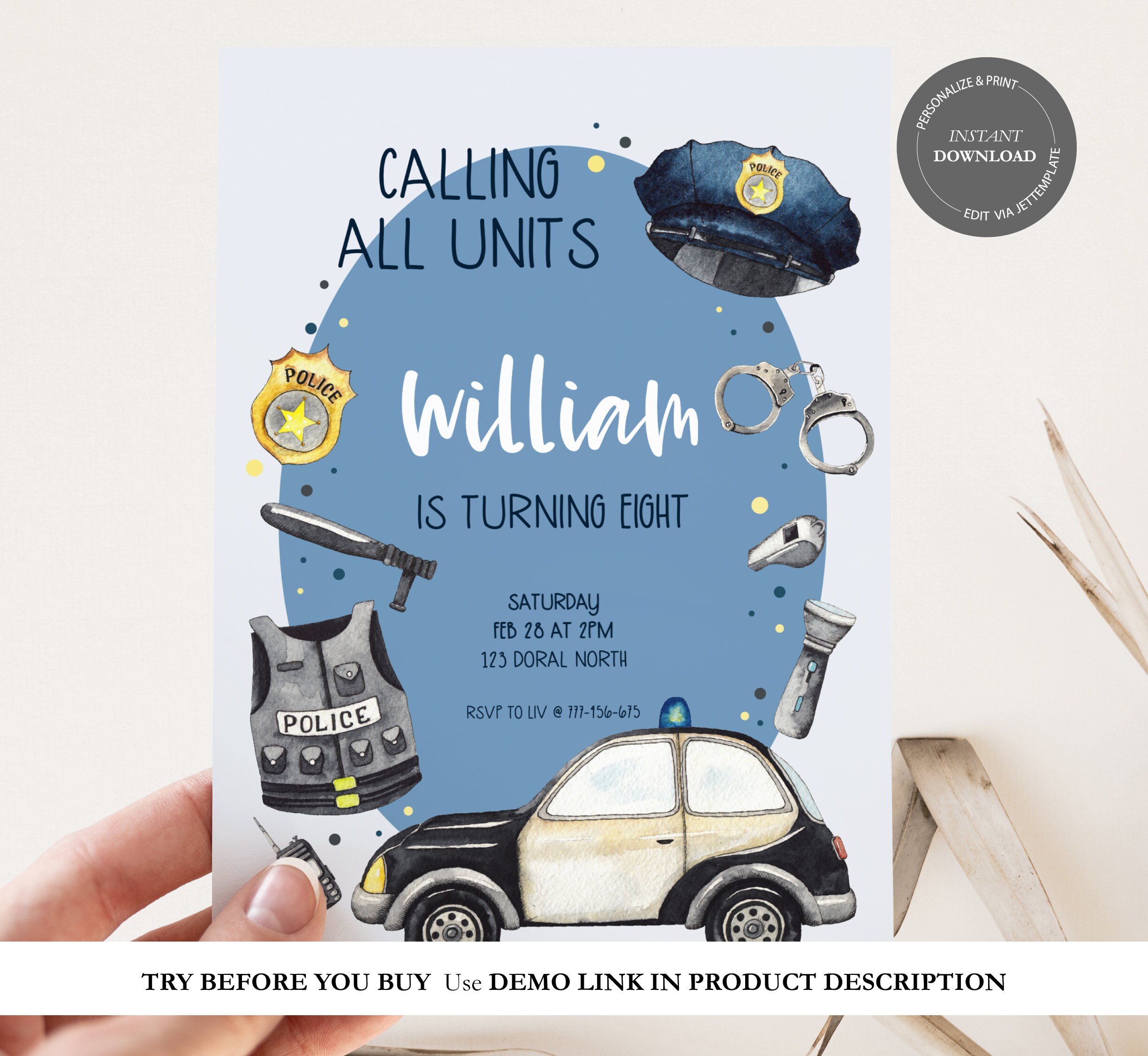 Police Birthday Party Invitation, Cop Birthday Invite, Policeman Party ...
