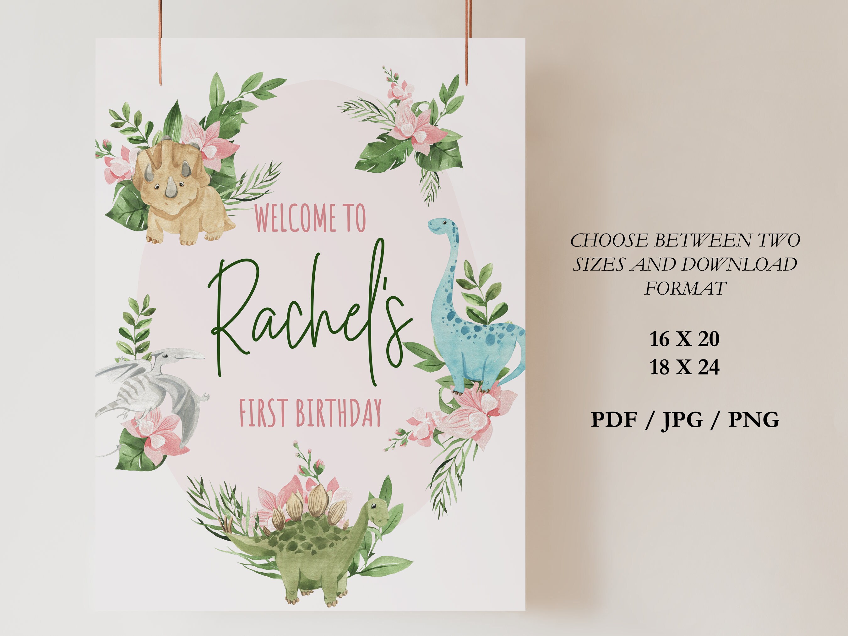 Girl Dinosaur Birthday Welcome Sign, Dinosaur Party Sign, Pink Dinosaur ...