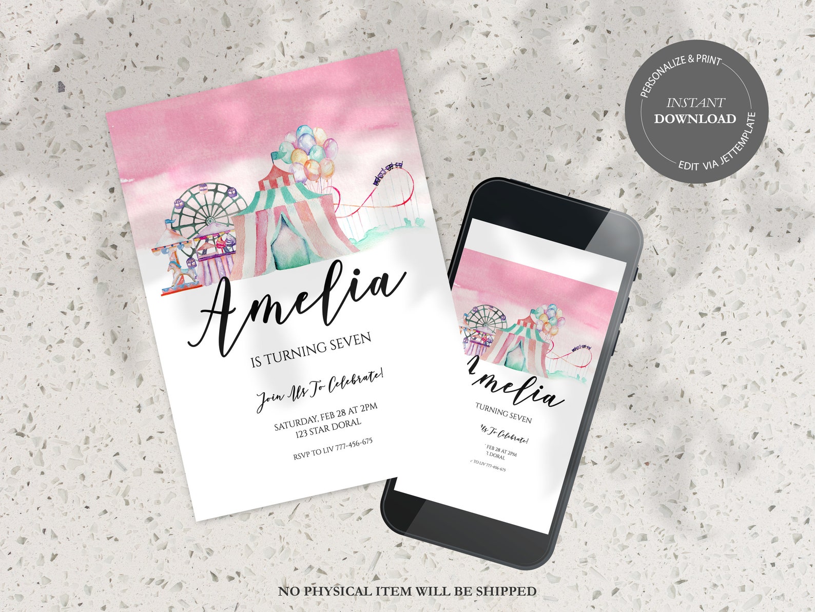 Girl Amusement Park Birthday Invitation, Theme Park Birthday Party ...