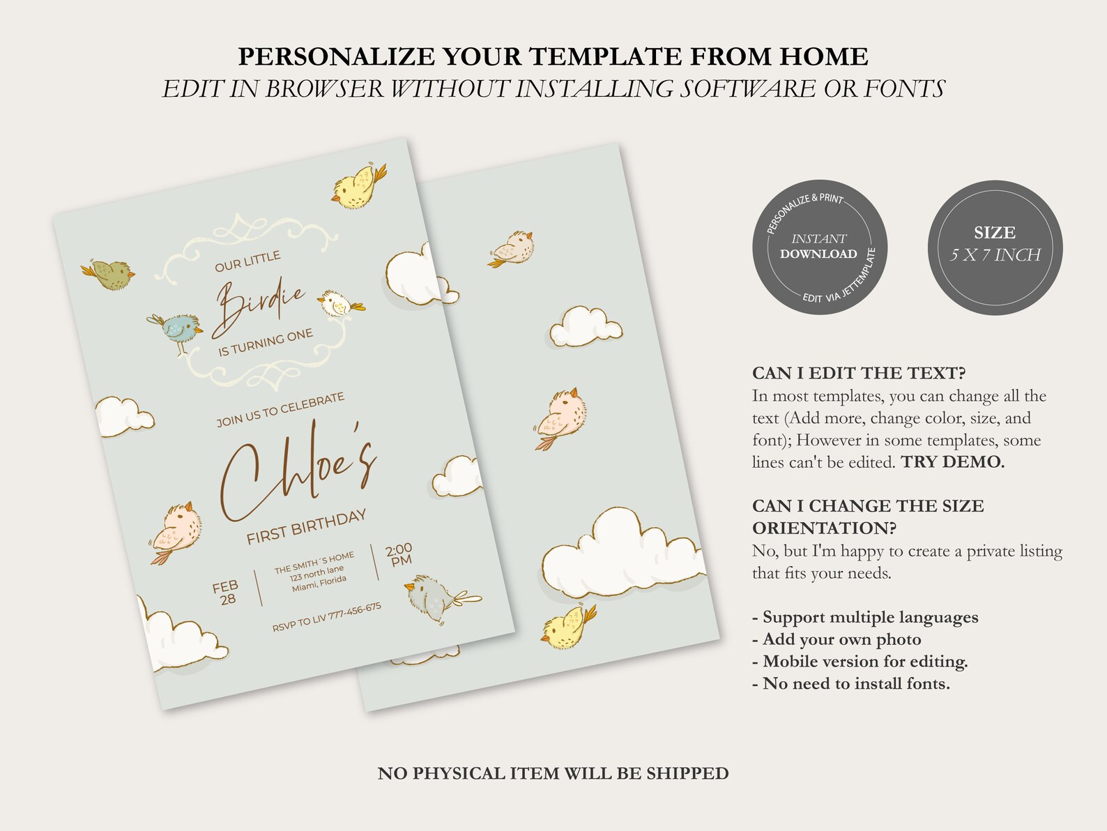 Birds Birthday Invitation, Birds Theme Party, Neutral Birds Birthday ...