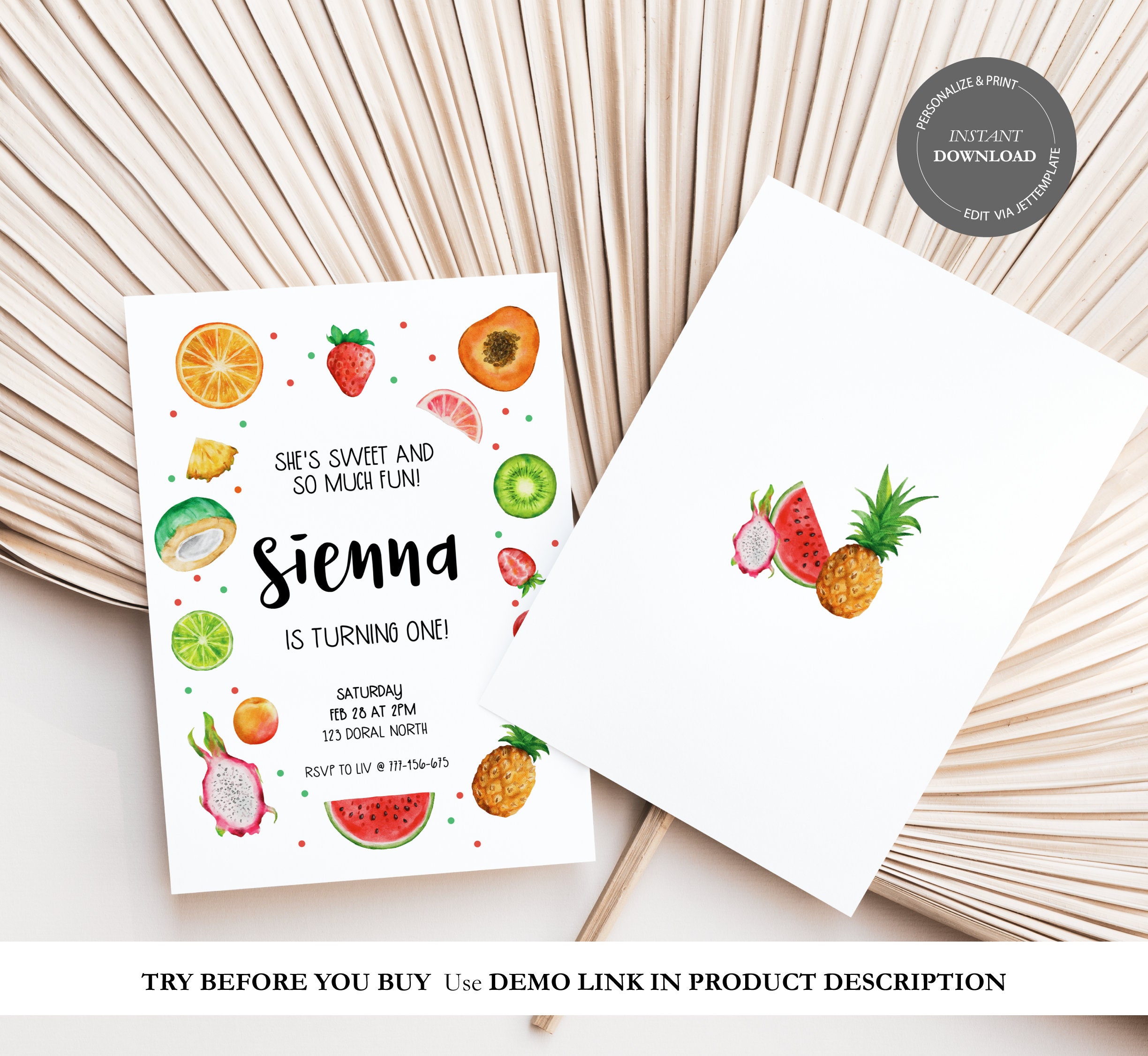 Fruit Birthday Invitation, Tropical Summer Party, Modern Fruit Invite ...
