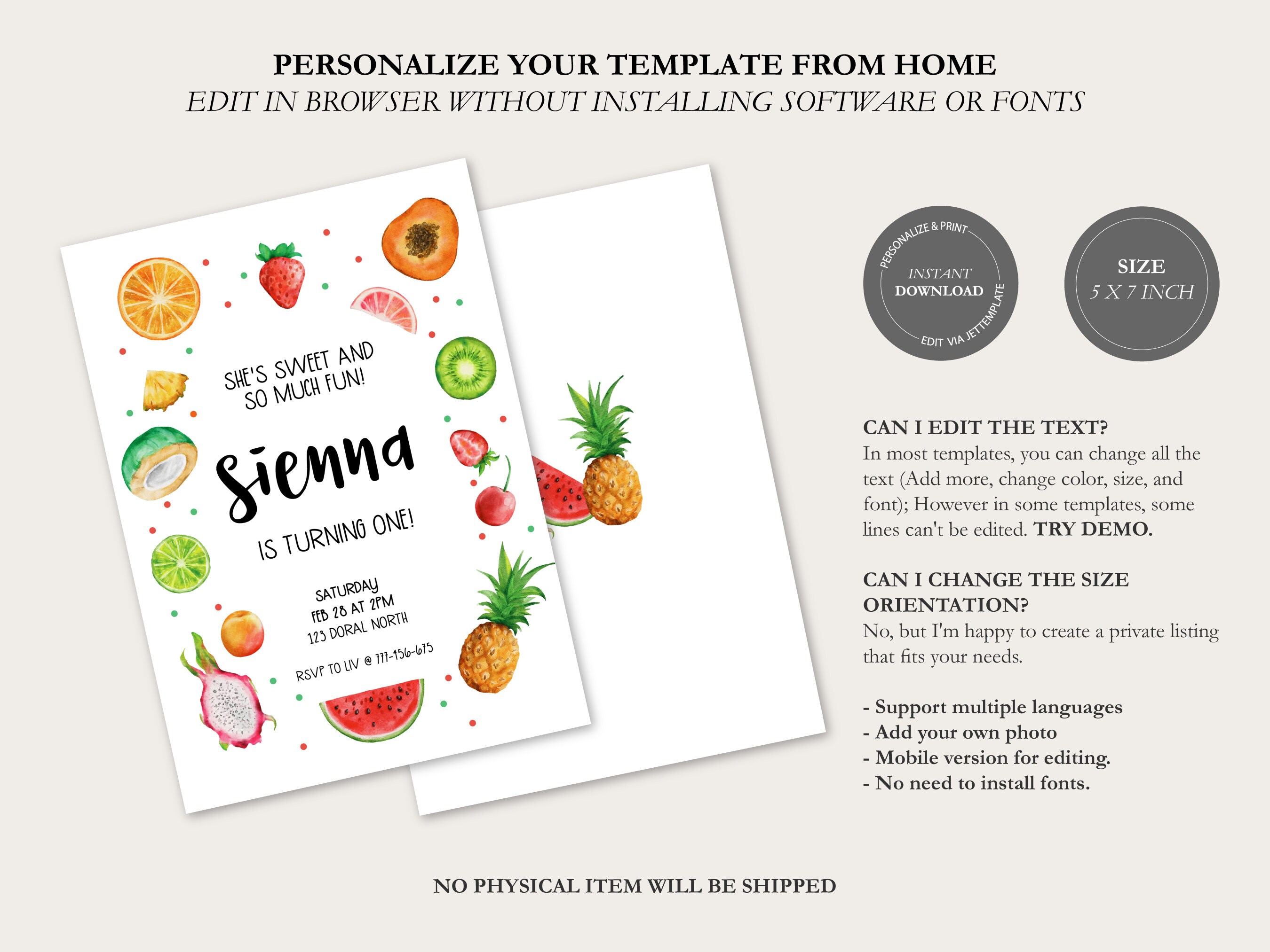 Fruit Birthday Invitation, Tropical Summer Party, Modern Fruit Invite ...