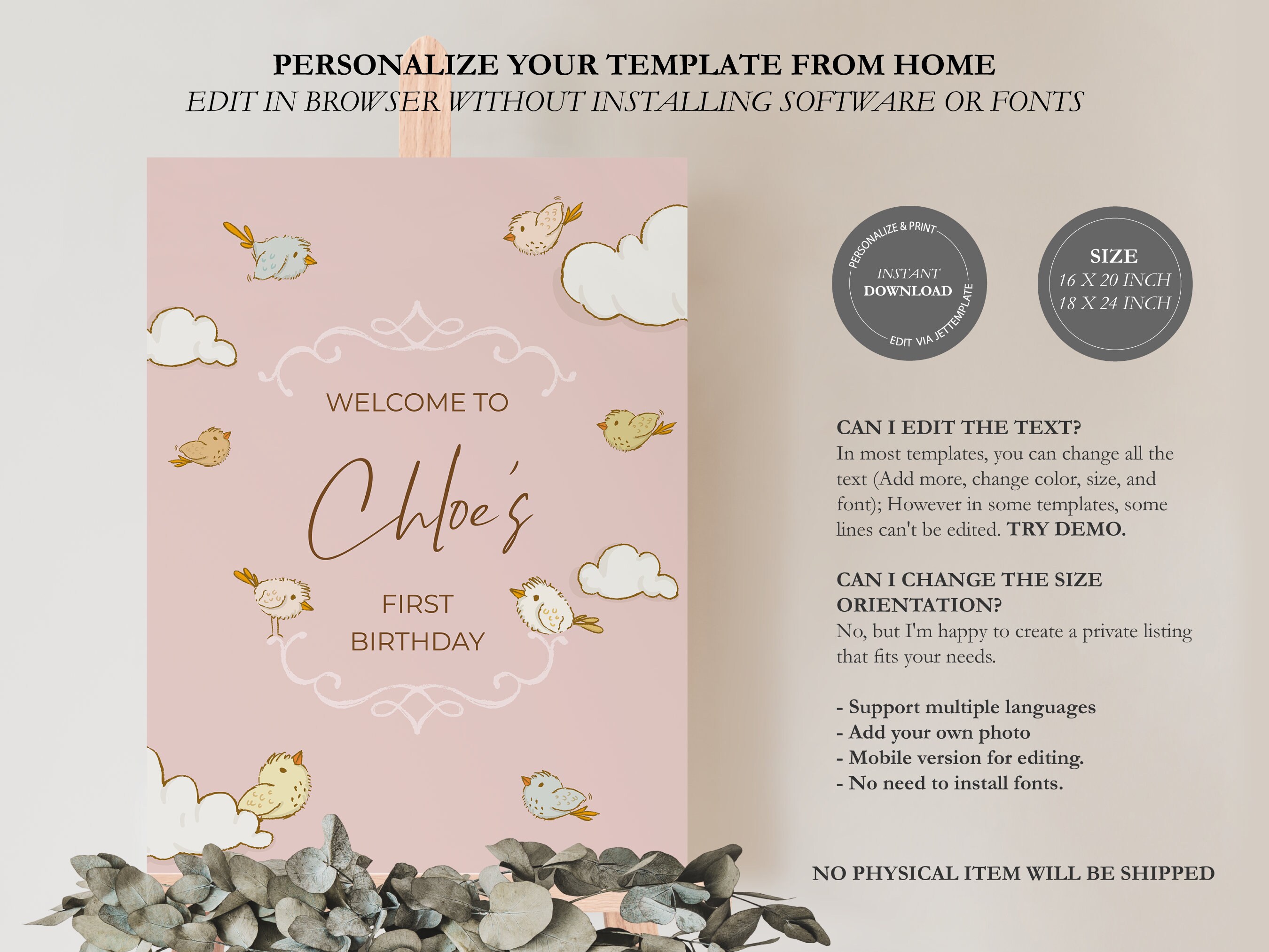 Birds Birthday Welcome Sign, Girl Birds Party Sign, Little Birdie ...