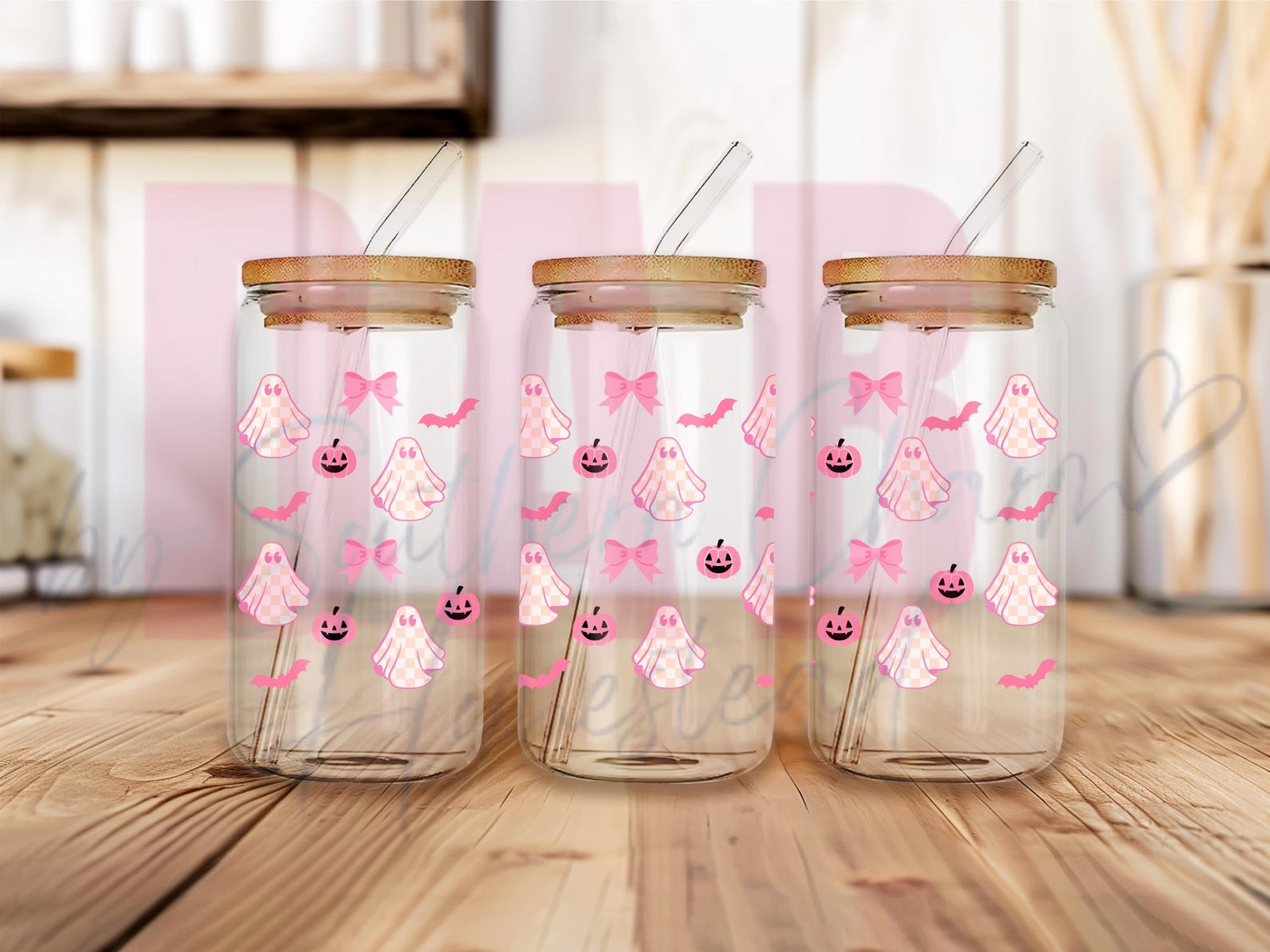 Pink Ghosts Pumpkin Bats and Bows, UV DTF 16 Oz Glass Can Wrap Png ...