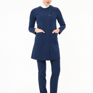Hijab-friendly Scrub Set - Long Sleeve Navy Blue Medical Uniform for ...