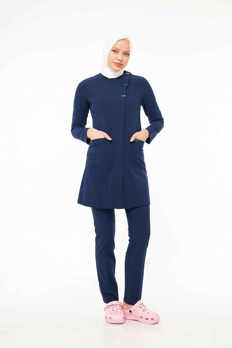 Hijab-friendly Scrub Set - Long Sleeve Navy Blue Medical Uniform for ...