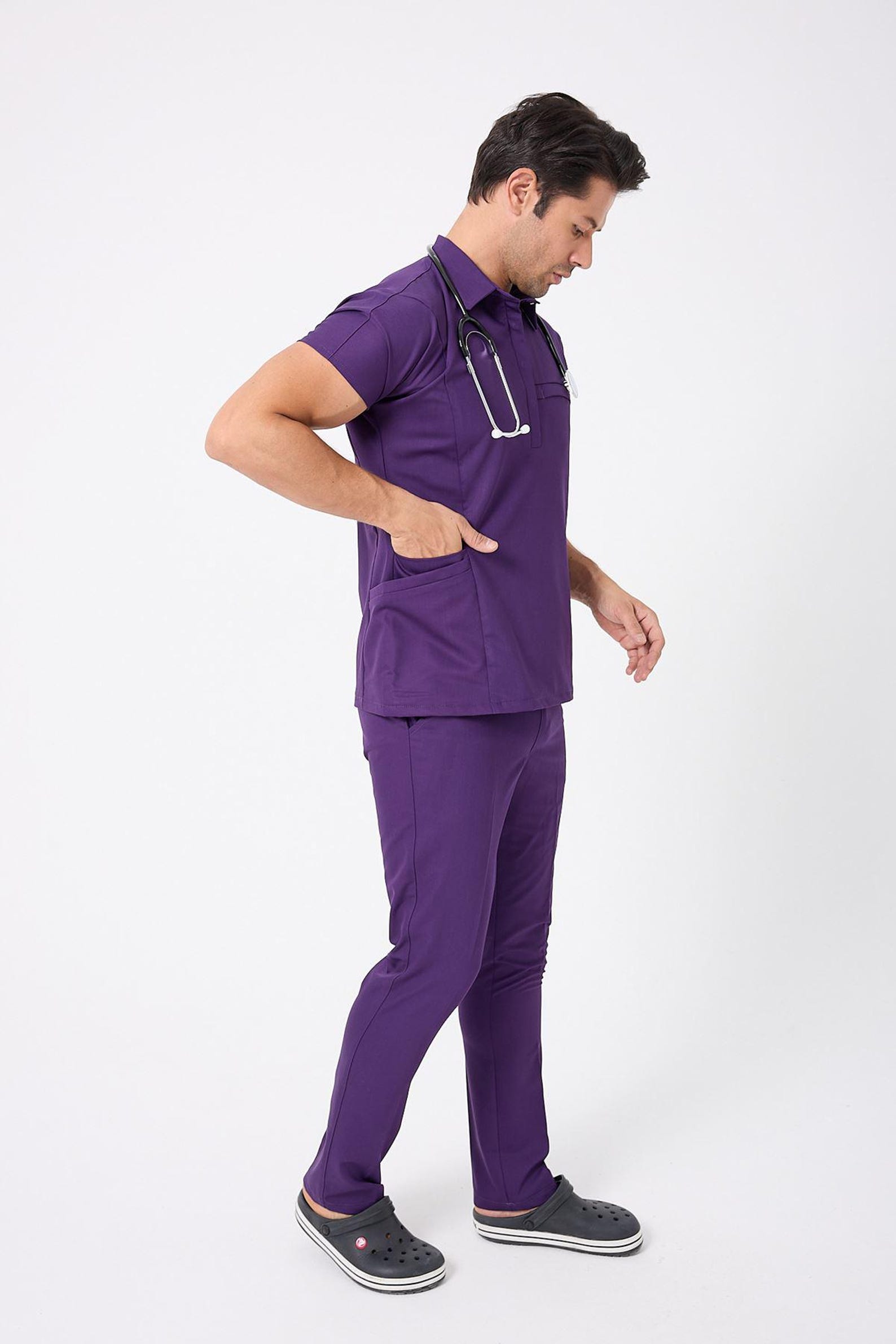 Deep Purple Men's Polo Scrub Set – Slim Fit Medical Uniform With ...