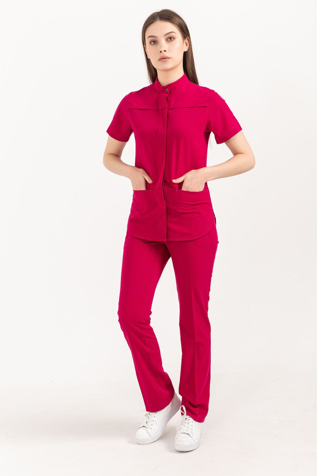 Dark Fuchsia Color Scrub Set, Nurse Uniform, Elasticated Doctor Dentist ...