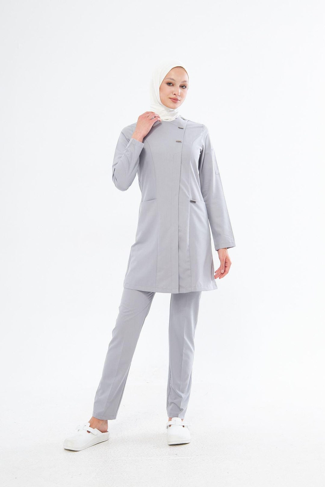 Modest Light Grey Scrub Set - Hijab-friendly Medical Uniform for Women ...