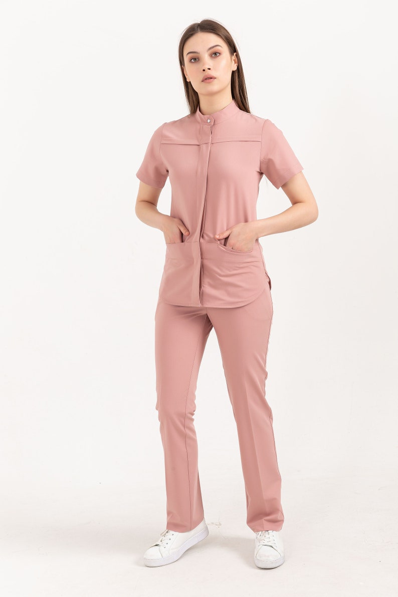 Powder Pink Color Scrub Set, Nurse Uniform, Elasticated Doctor Dentist ...