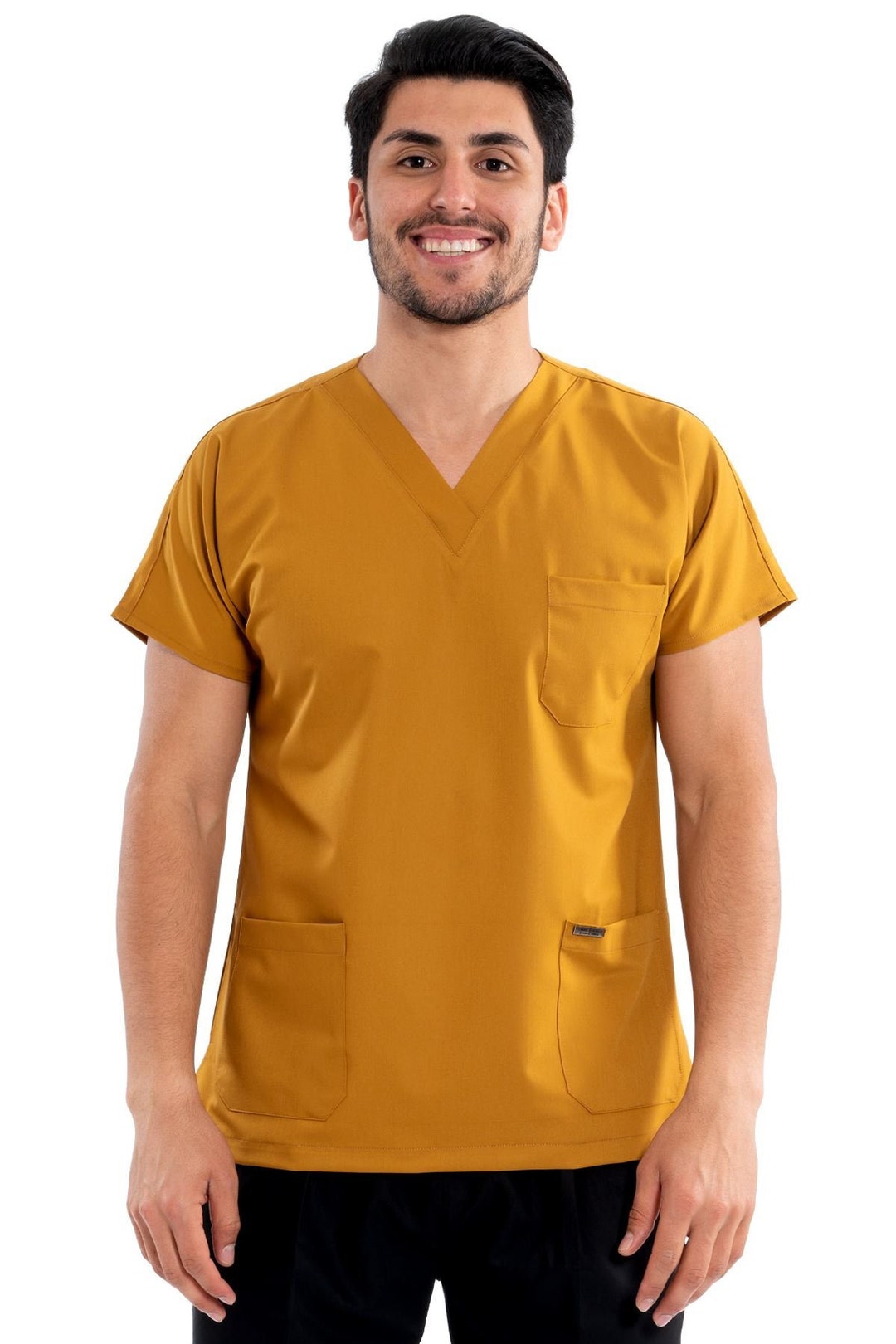 Men's V- Neck Mustard Yellow Scrub Top Only, Easy Care Nurse Uniform ...