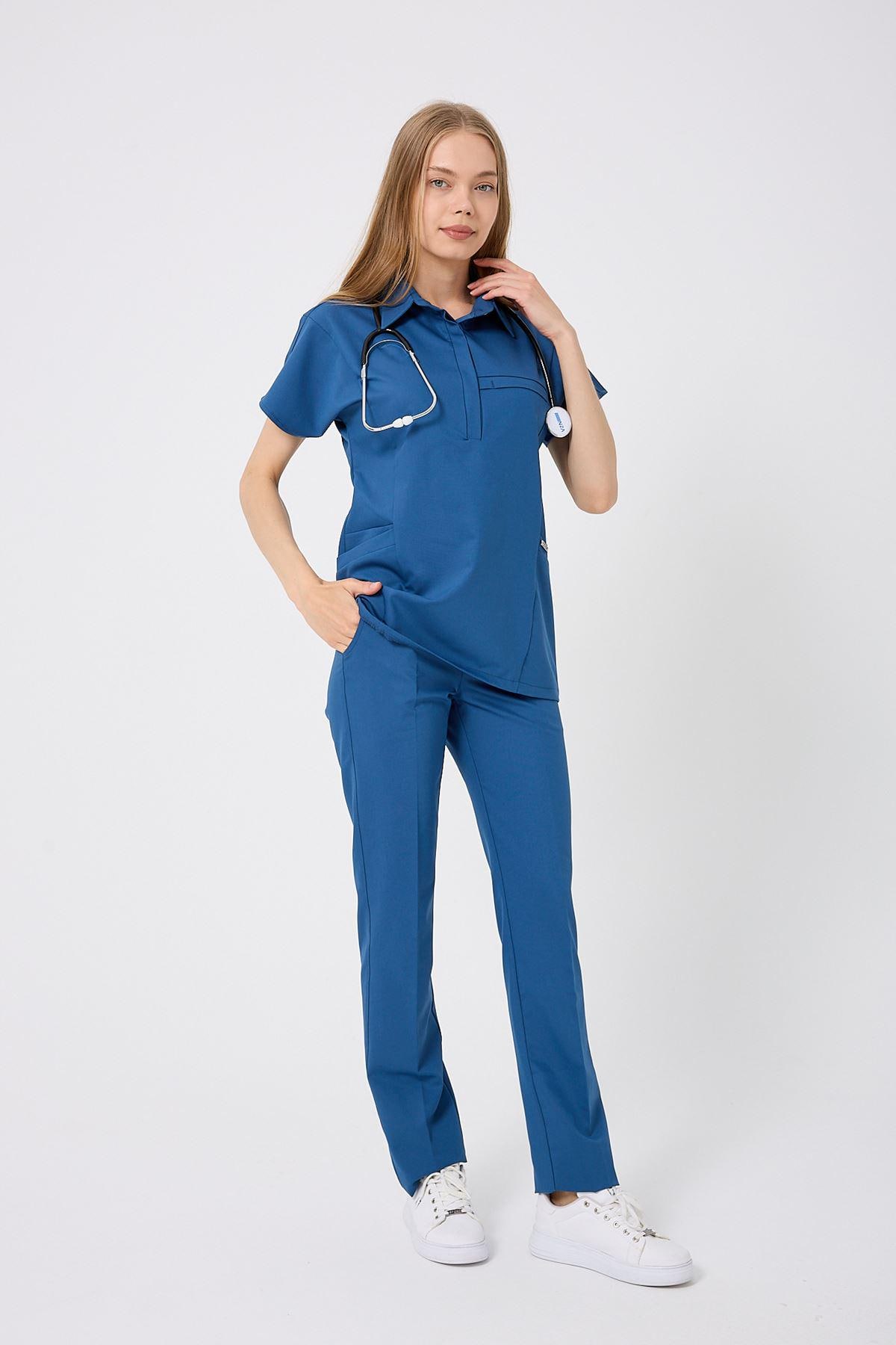 Women’s Surgical Blue Medical Scrub Set With Polo Collar Top and ...