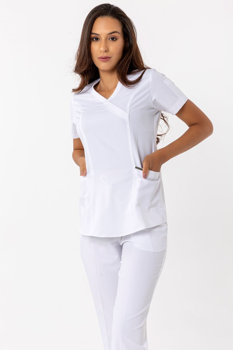 Comfortable White Scrub Set, Nurse Uniform, Elasticated Doctor Dentist ...