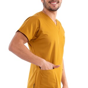 Men's V- Neck Mustard Yellow Scrub Top Only, Easy Care Nurse Uniform ...