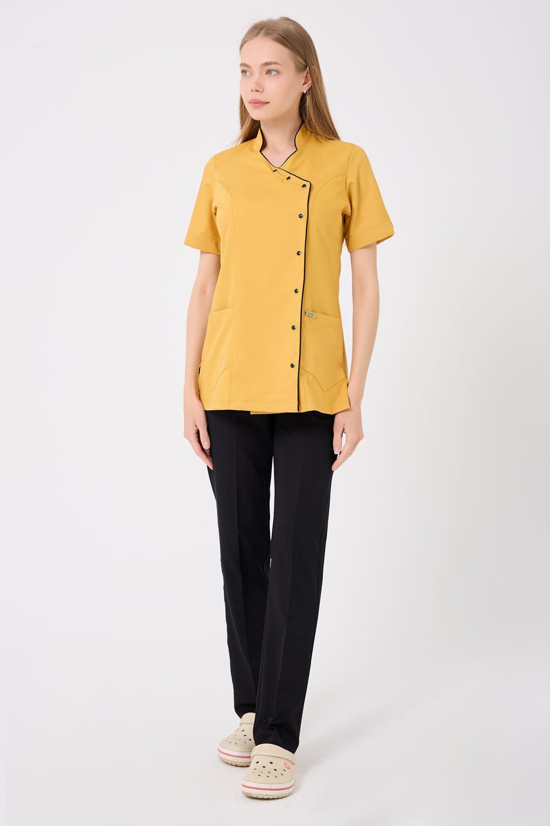 Mustard Yellow and Black Scrub Set for Women – Stylish Snap Button ...