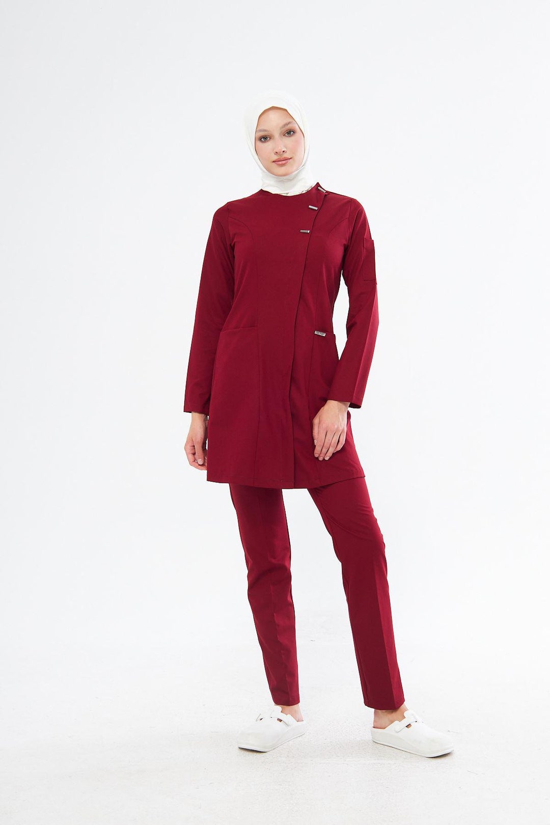 Modest Burgundy Scrubs - Long Sleeve Medical Uniform for Professional ...