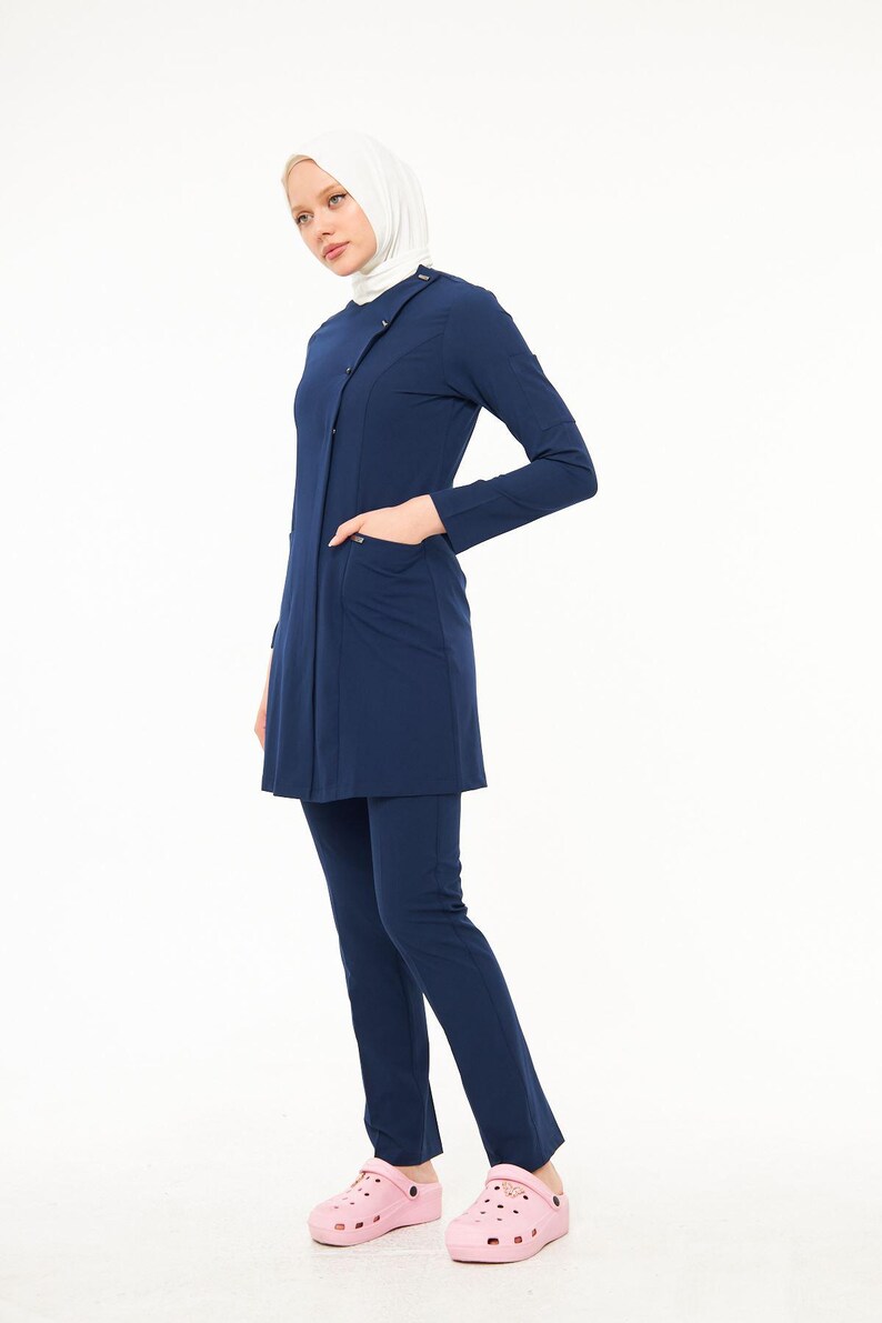 Hijab-friendly Scrub Set - Long Sleeve Navy Blue Medical Uniform for ...