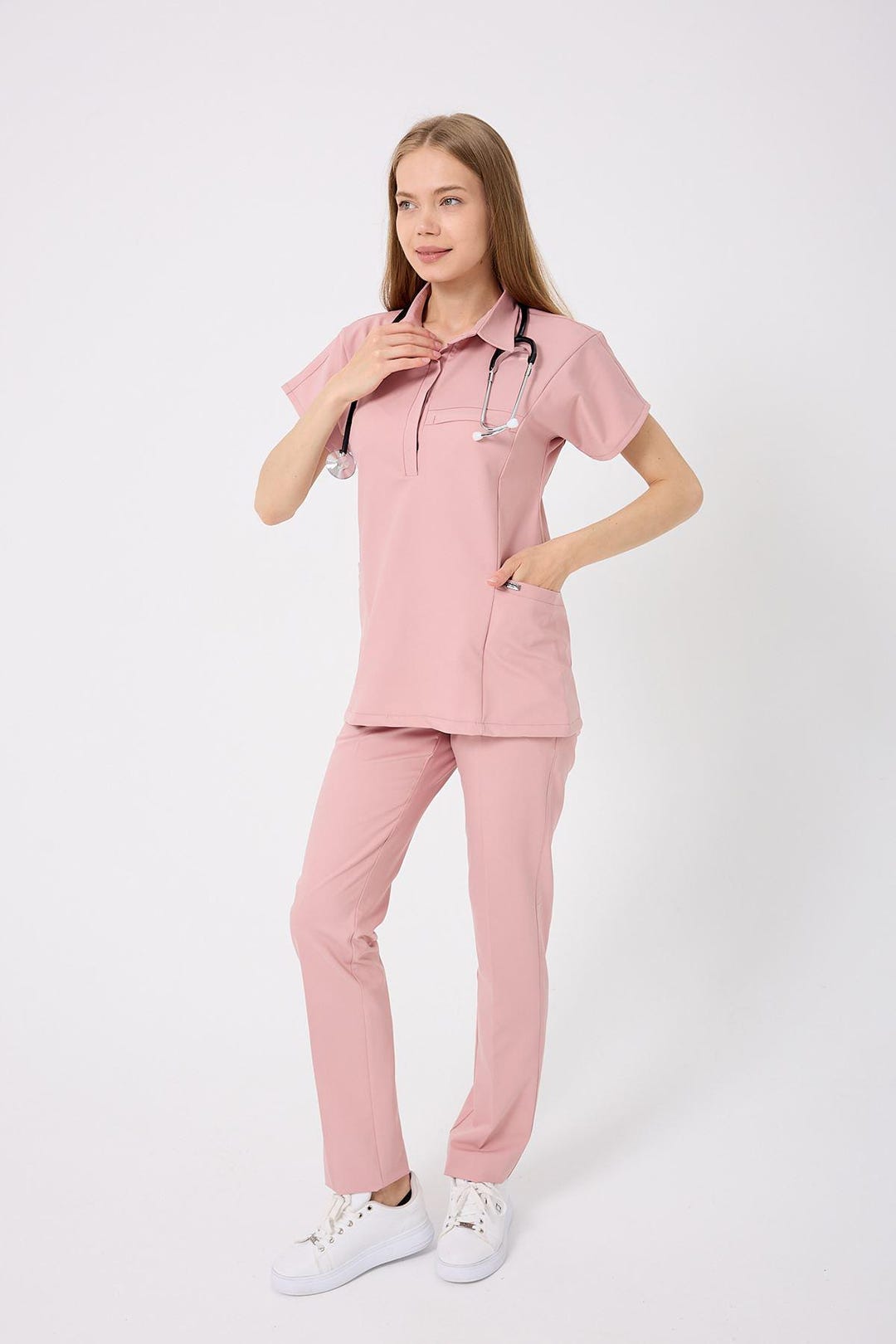 Women’s Powder Pink Scrub Set With Polo Top and Elastic Waist Pants ...