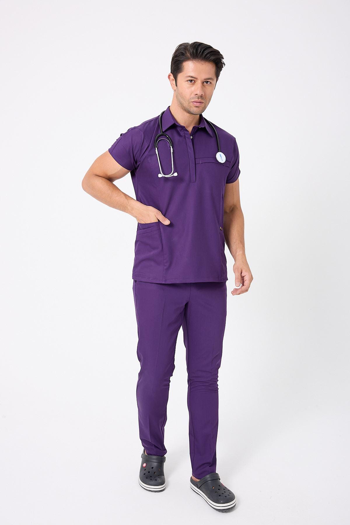 Deep Purple Men's Polo Scrub Set – Slim Fit Medical Uniform With ...