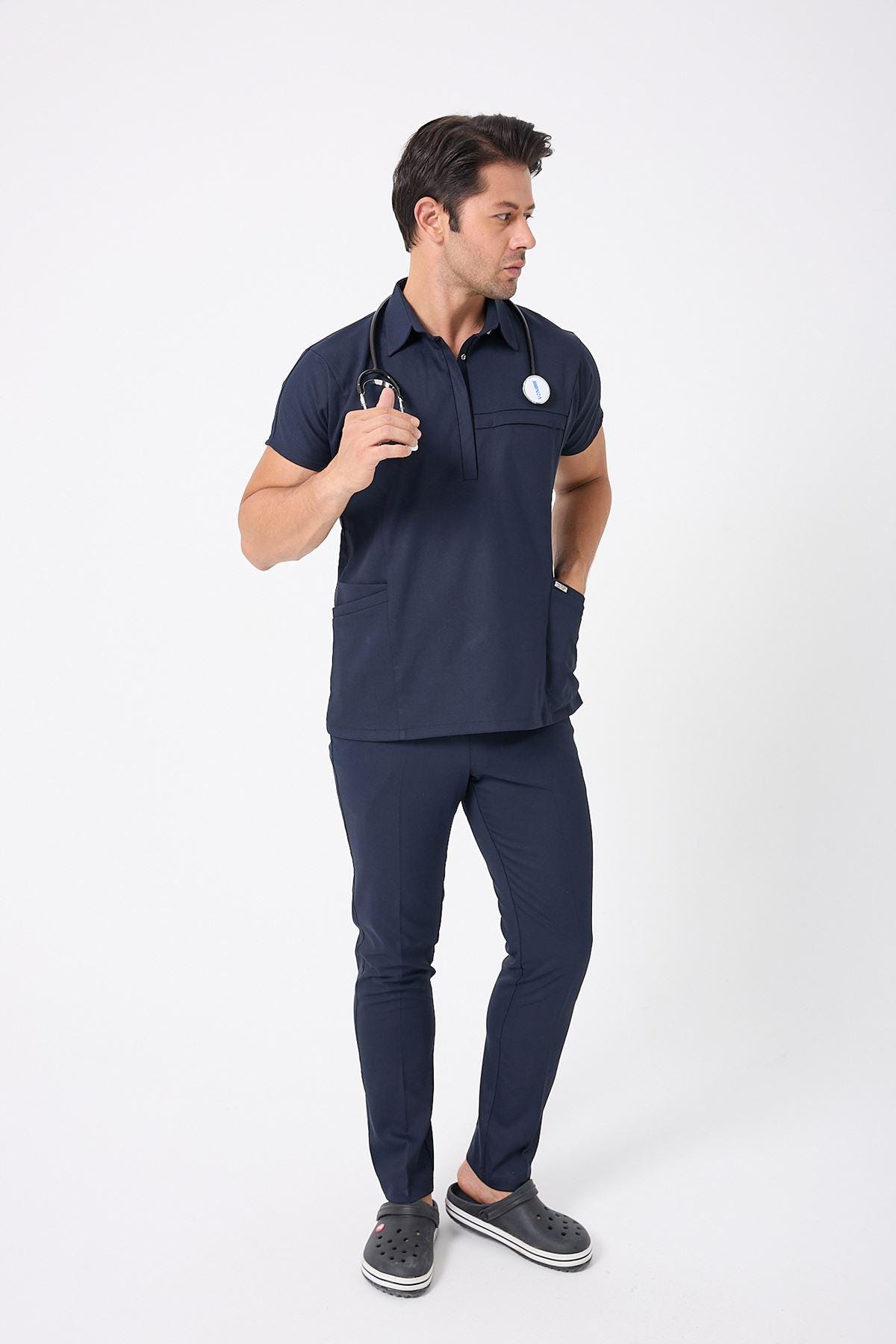Navy Blue Men’s Polo Scrub Set – Short Sleeve Medical Uniform With ...