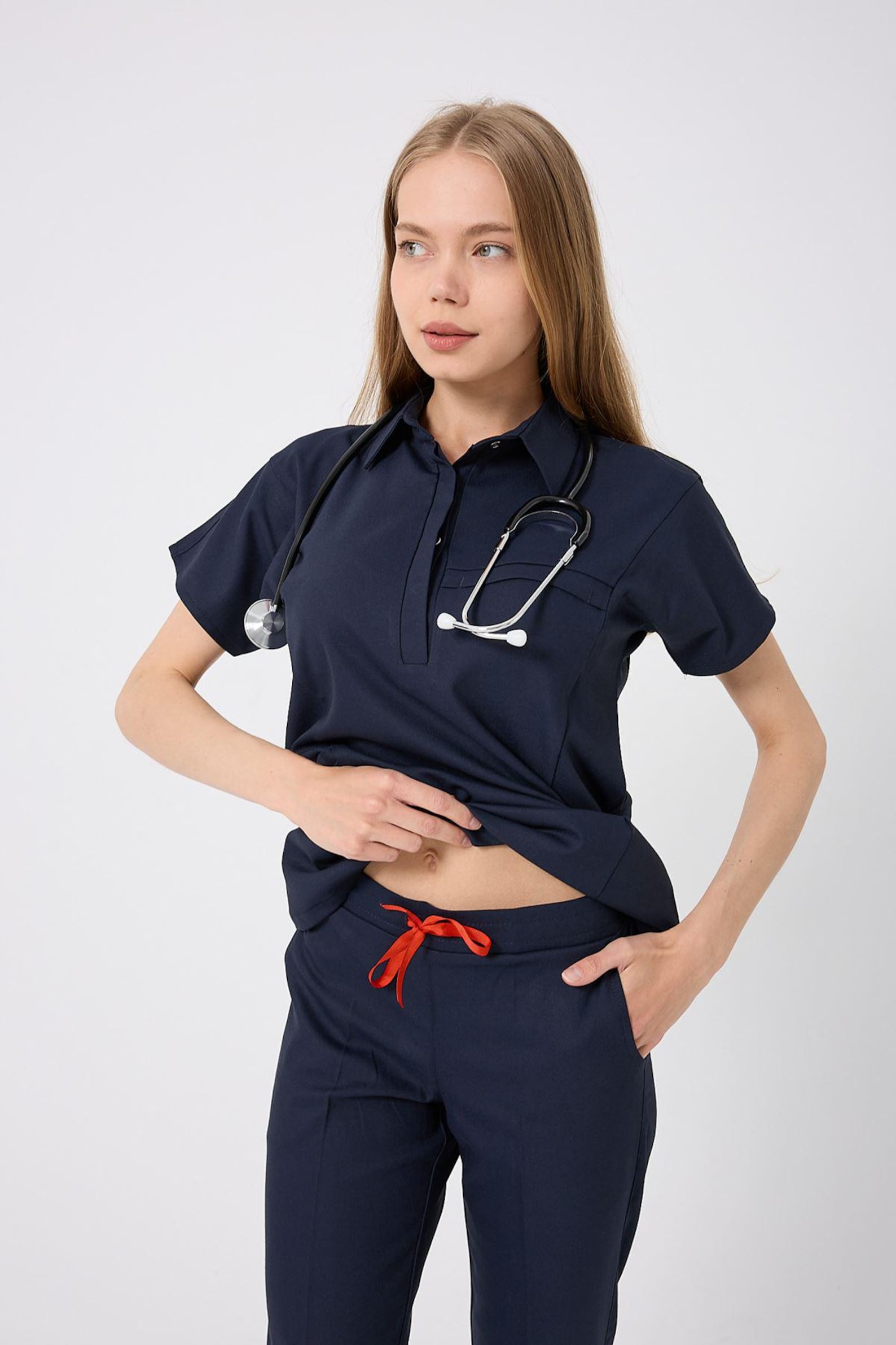 Women’s Navy Blue Scrub Set With Polo Style Top and Tailored Pants ...