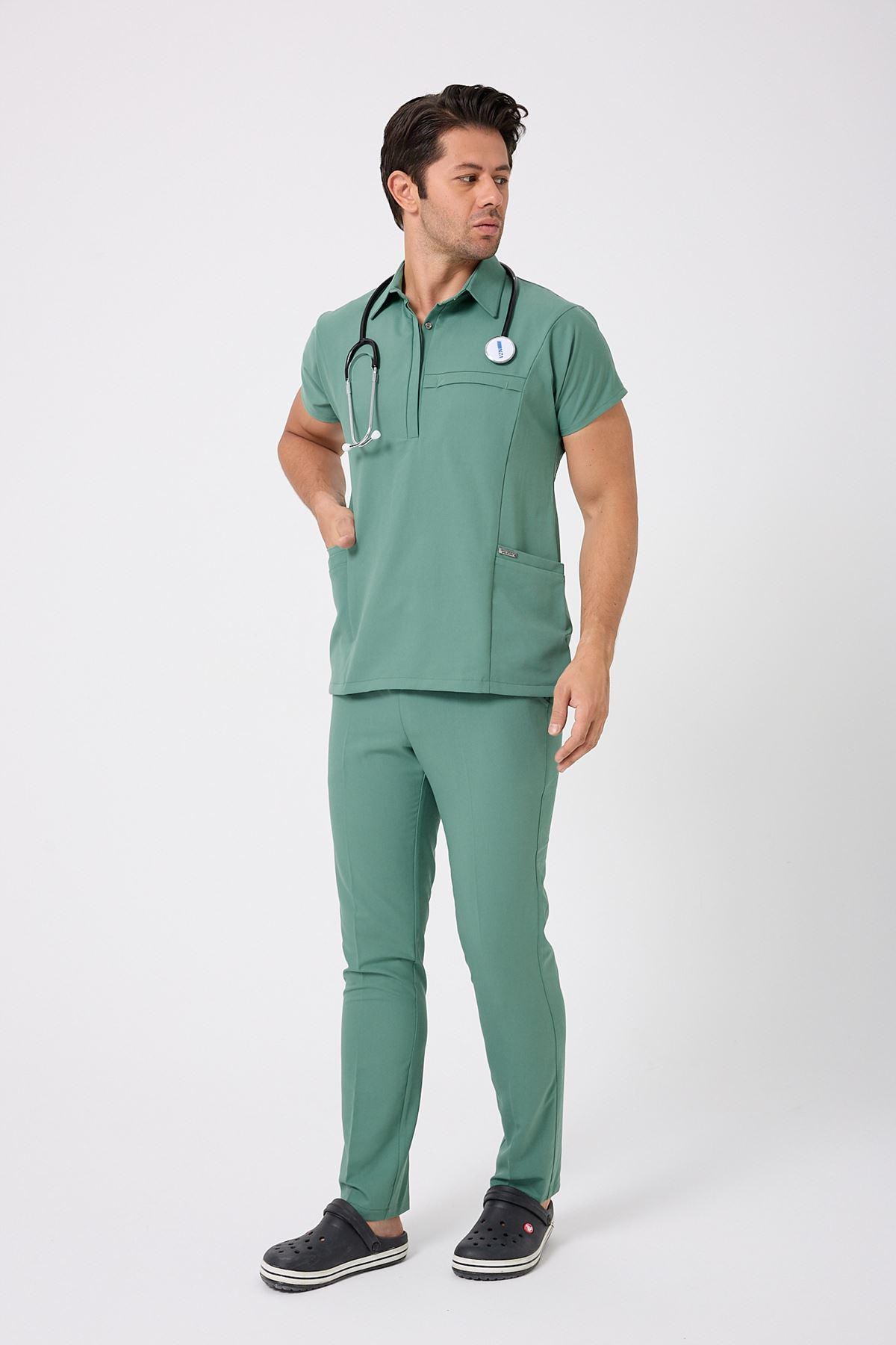 Surgical Green Polo Collar Scrub Set for Men – Comfortable Short Sleeve ...