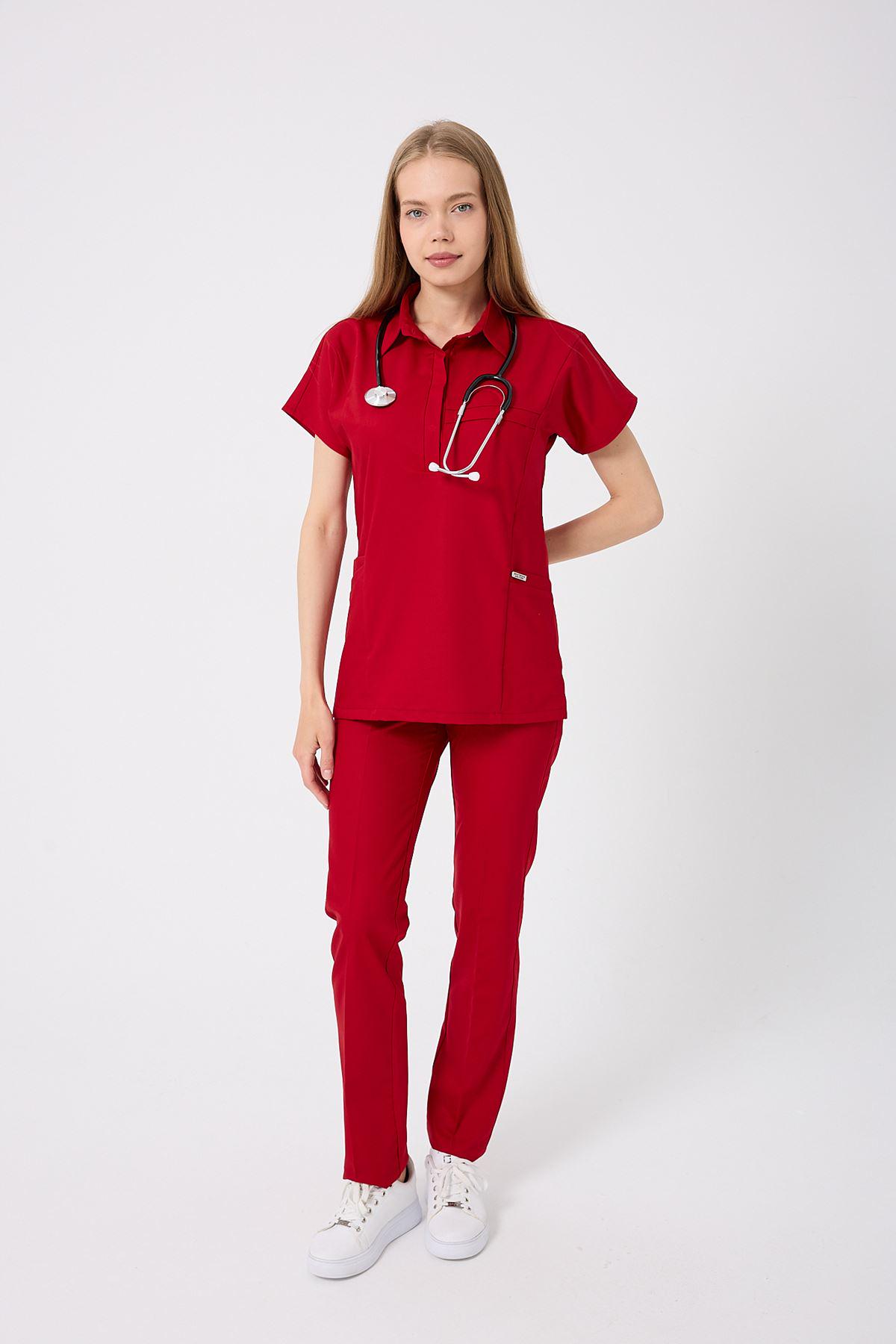 Red Polo Collar Medical Scrub Set for Women With Drawstring Pants ...