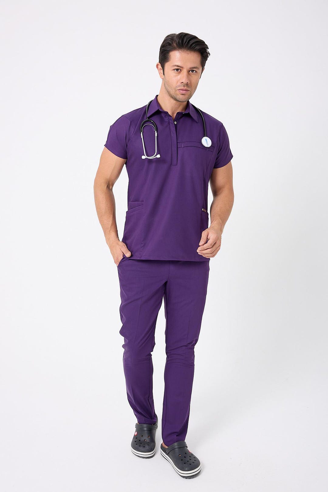 Deep Purple Men's Polo Scrub Set – Slim Fit Medical Uniform With ...