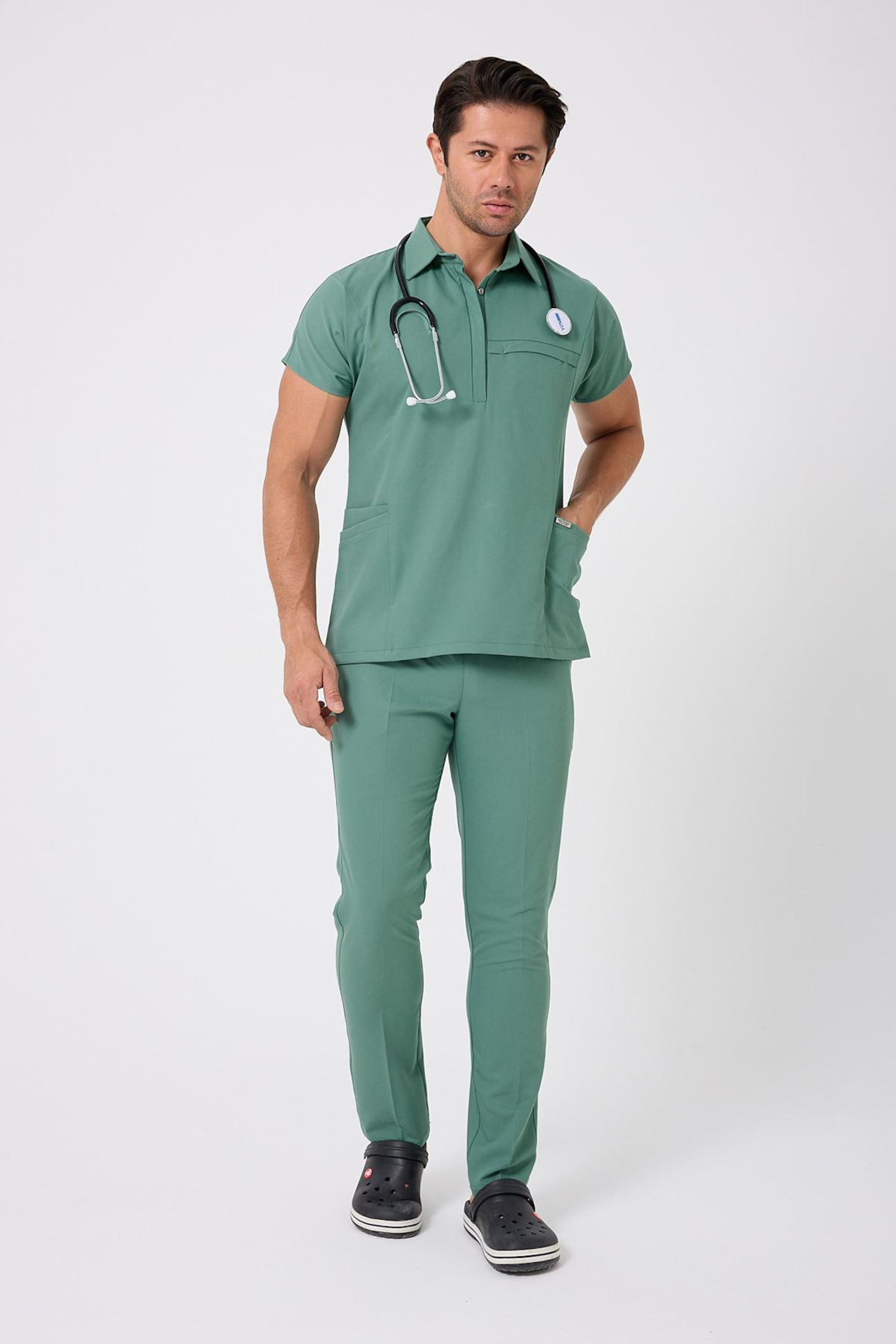 Surgical Green Polo Collar Scrub Set for Men – Comfortable Short Sleeve ...