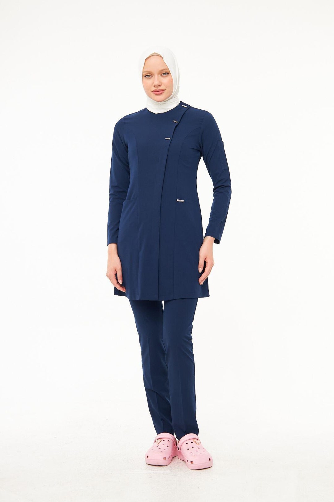 Hijab-friendly Scrub Set - Long Sleeve Navy Blue Medical Uniform for ...