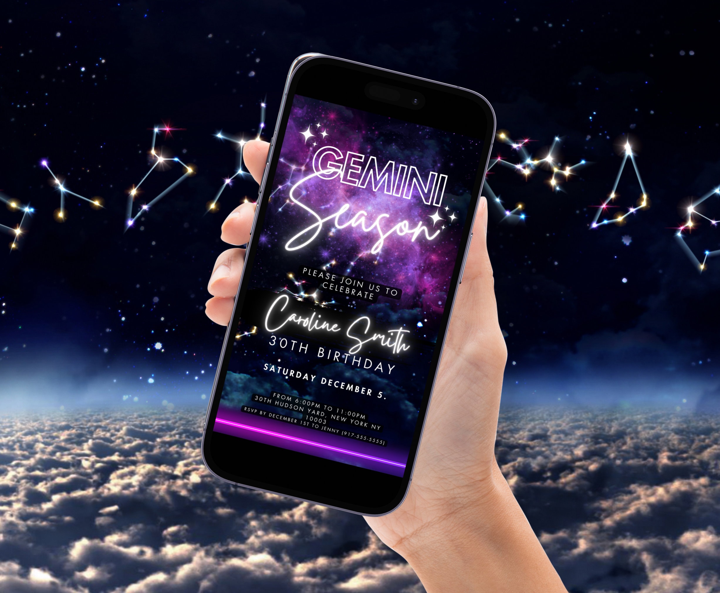 Purple Gemini Birthday Invitation - Digital & Printable (canva Template ...