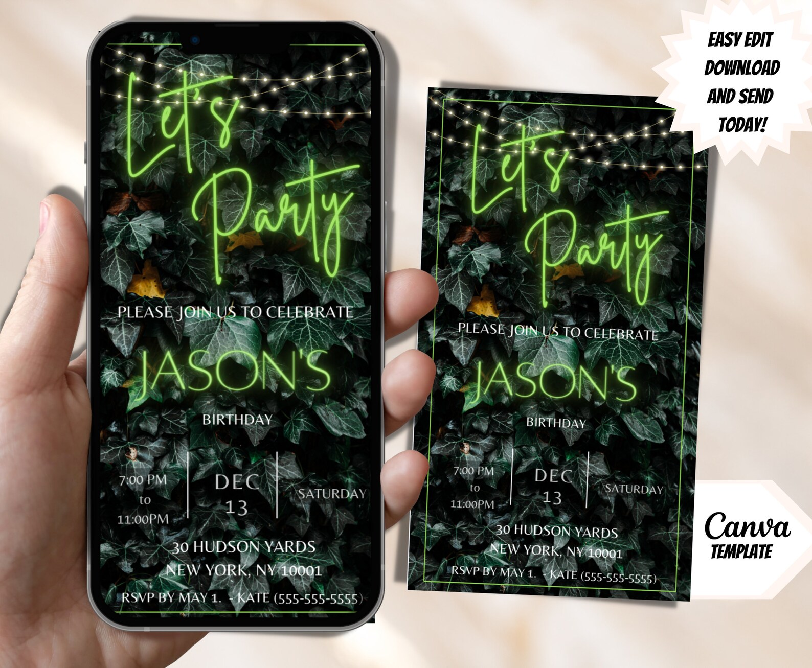 Digital Green Birthday Party Invitation, Electronic Birthday Invite ...