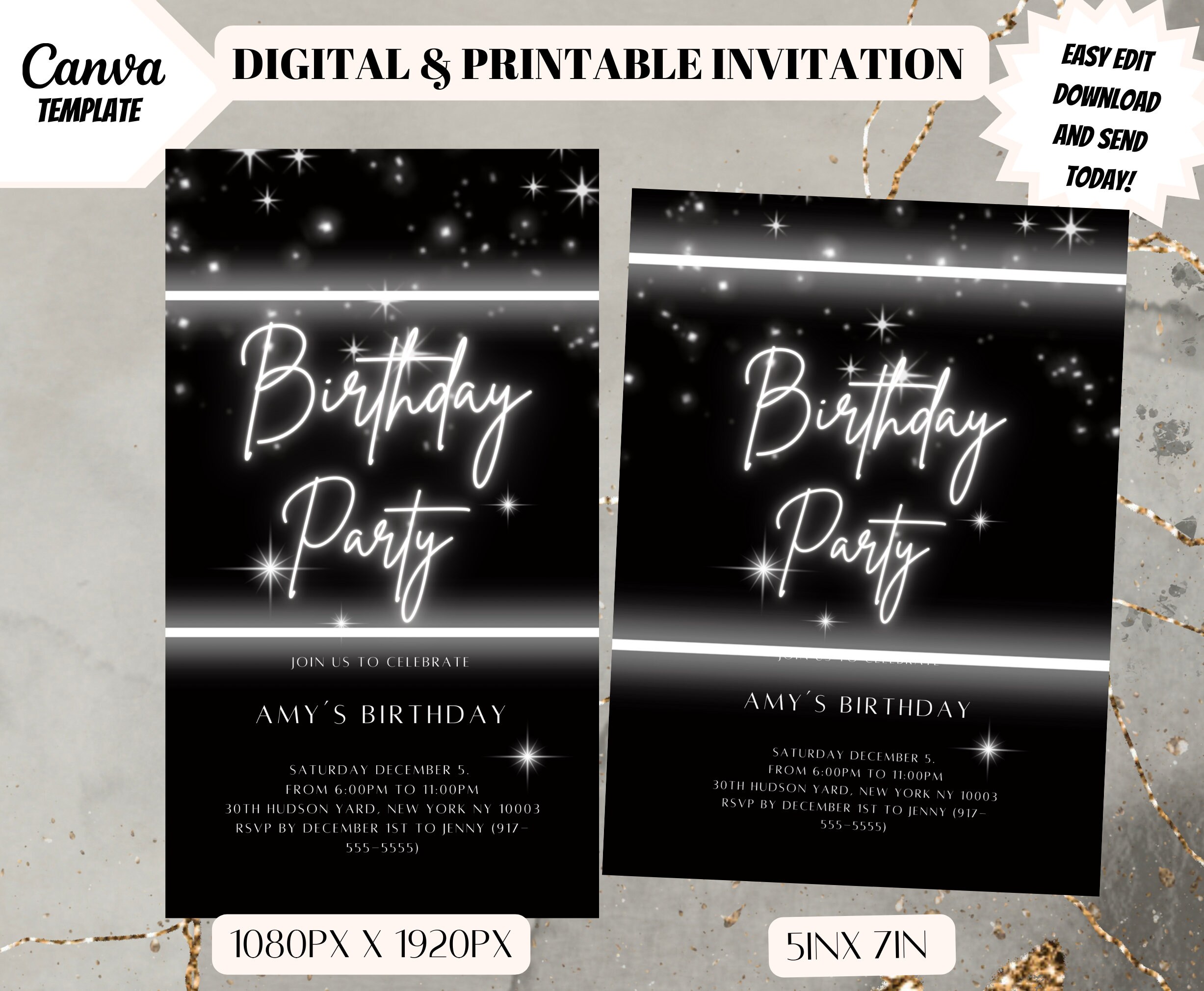 Neon Black and White Birthday Invitation Any Age Editable Template ...