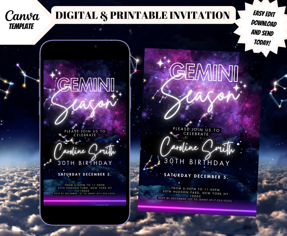 Gemini Season- Purple Birthday Invitation- Zodiac Signs- Celebrate Your ...