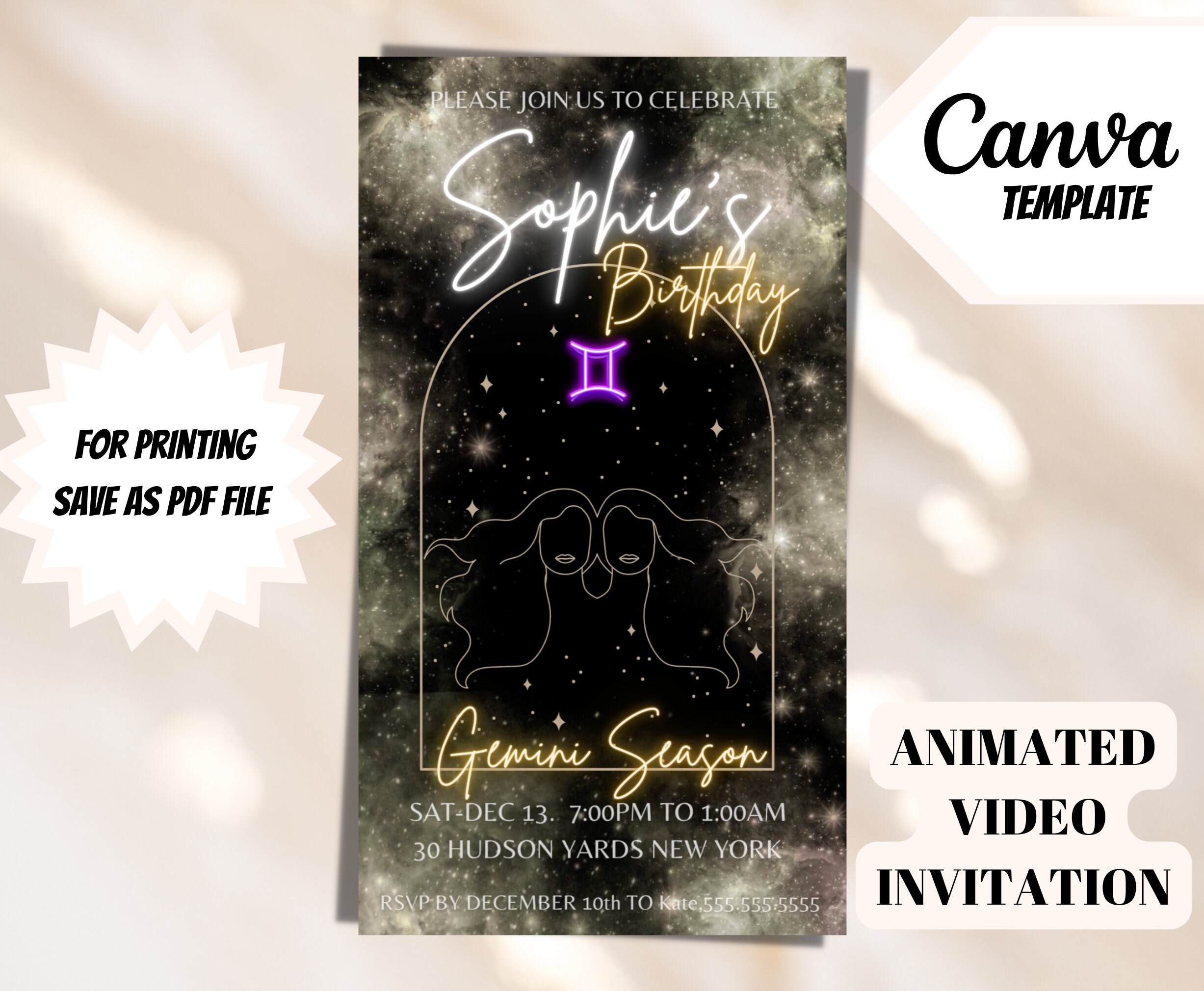 Gemini Birthday Invitation Card- Instant Download- Animated Video ...