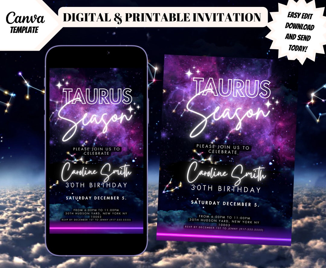 Taurus Season- Purple Birthday Invitation- Zodiac Signs- Celebrate Your ...