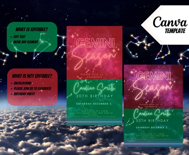 Purple Gemini Birthday Invitation - Digital & Printable (canva Template ...
