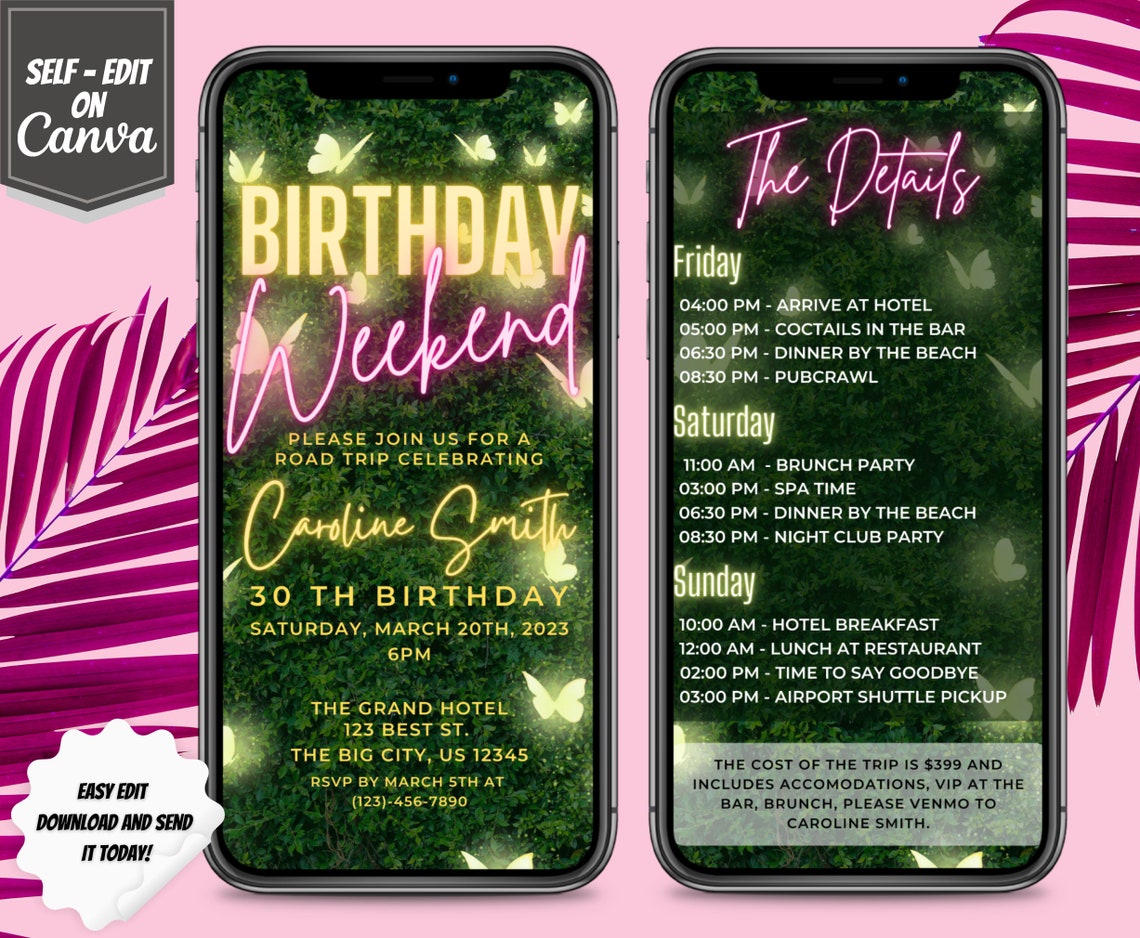 Neon Butterfly Birthday Weekend Invitation Template (PNG, PDF) - Etsy